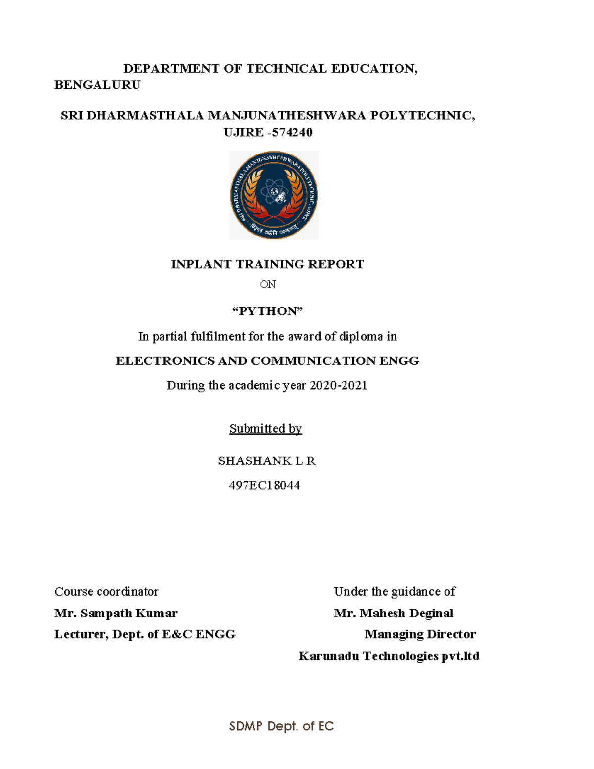 inplant training report - DEPARTMENT OF TECHNICAL EDUCATION, BENGALURU ...