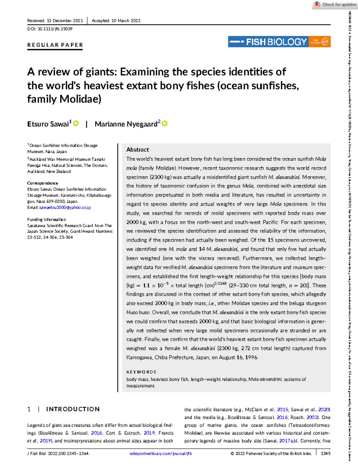 Journal of Fish Biology - 2022 - Sawai - A review of giants Examining ...