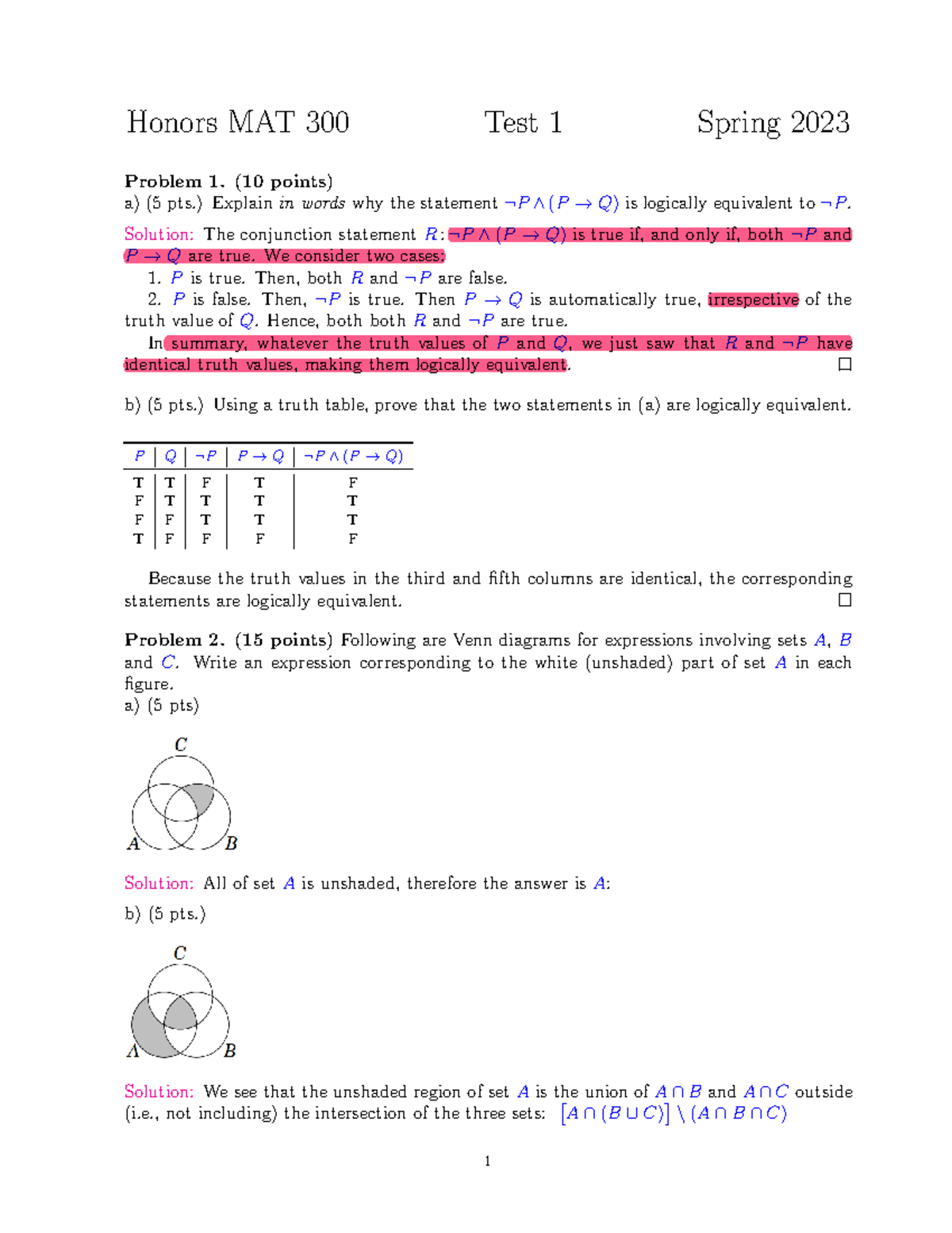 Honors MAT 300 Test 1 Spring 2023 - Studocu