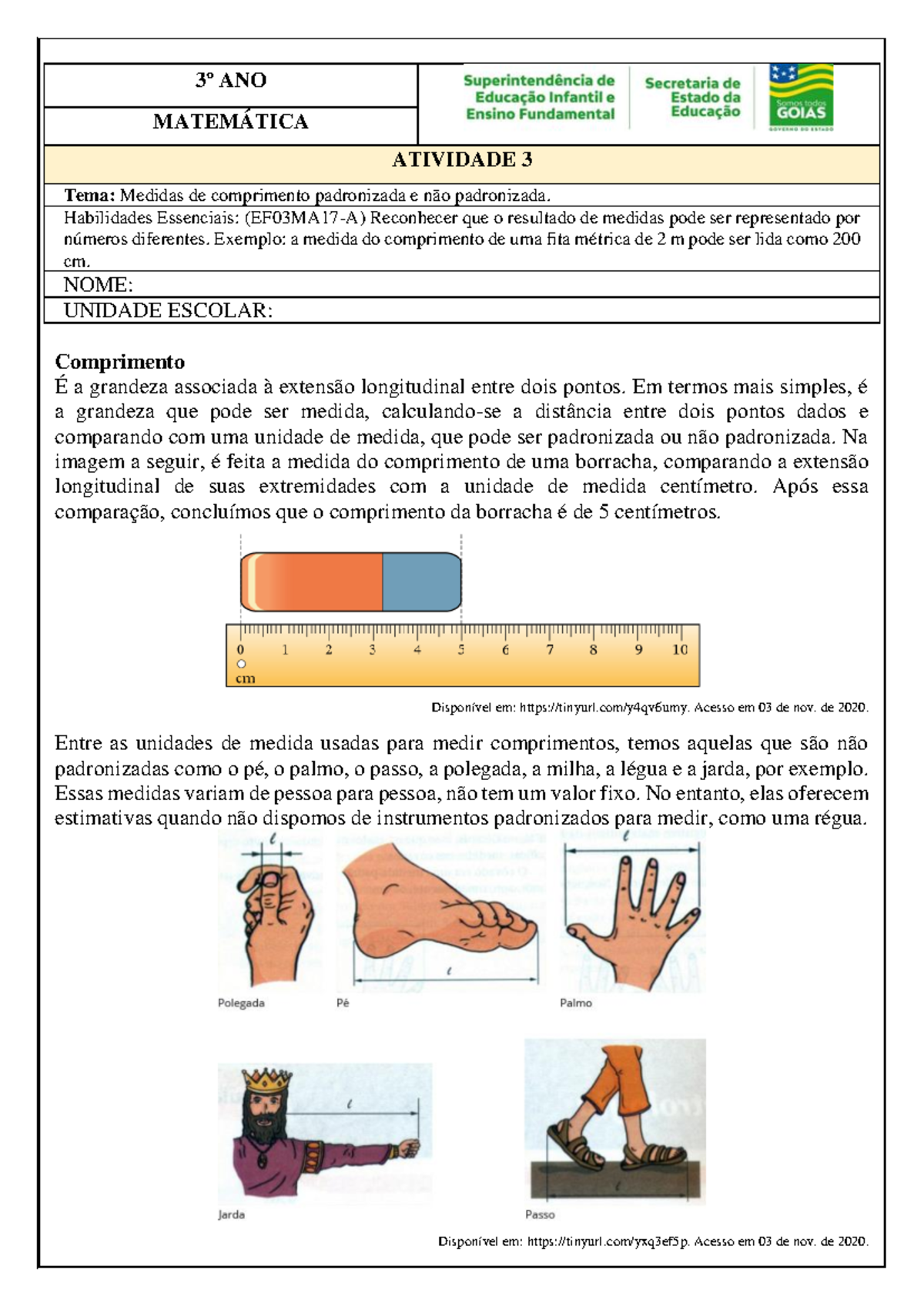 Atividade 3 Tema Medidas de comprimento padronizada e nao padronizada ...