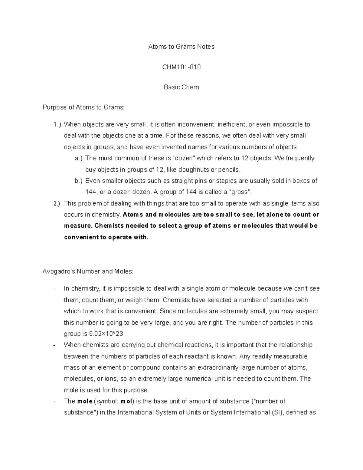 Intro to Chem - Atoms to Gram Notes - Atoms to Grams Notes CHM101 ...