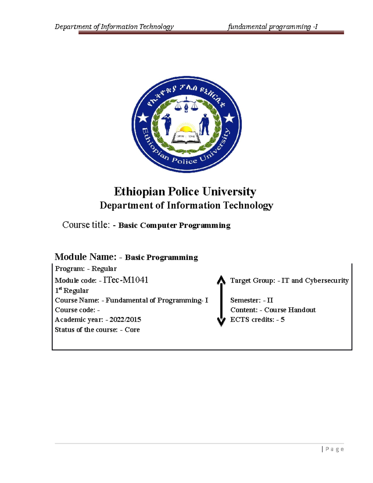 Fundamental Of Programming I Ethiopian Police University Department