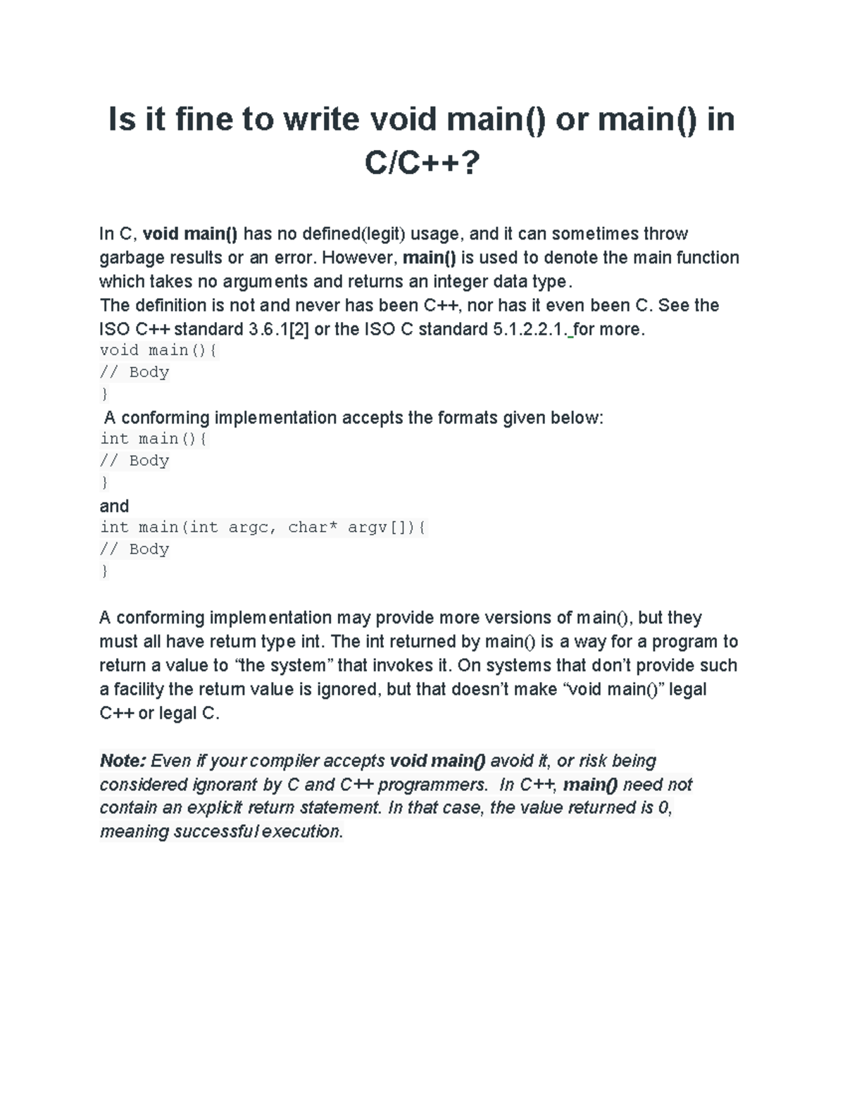 Is It Fine To Write Void Main Or Main In C C Is It Fine To Write Void Main Or Main