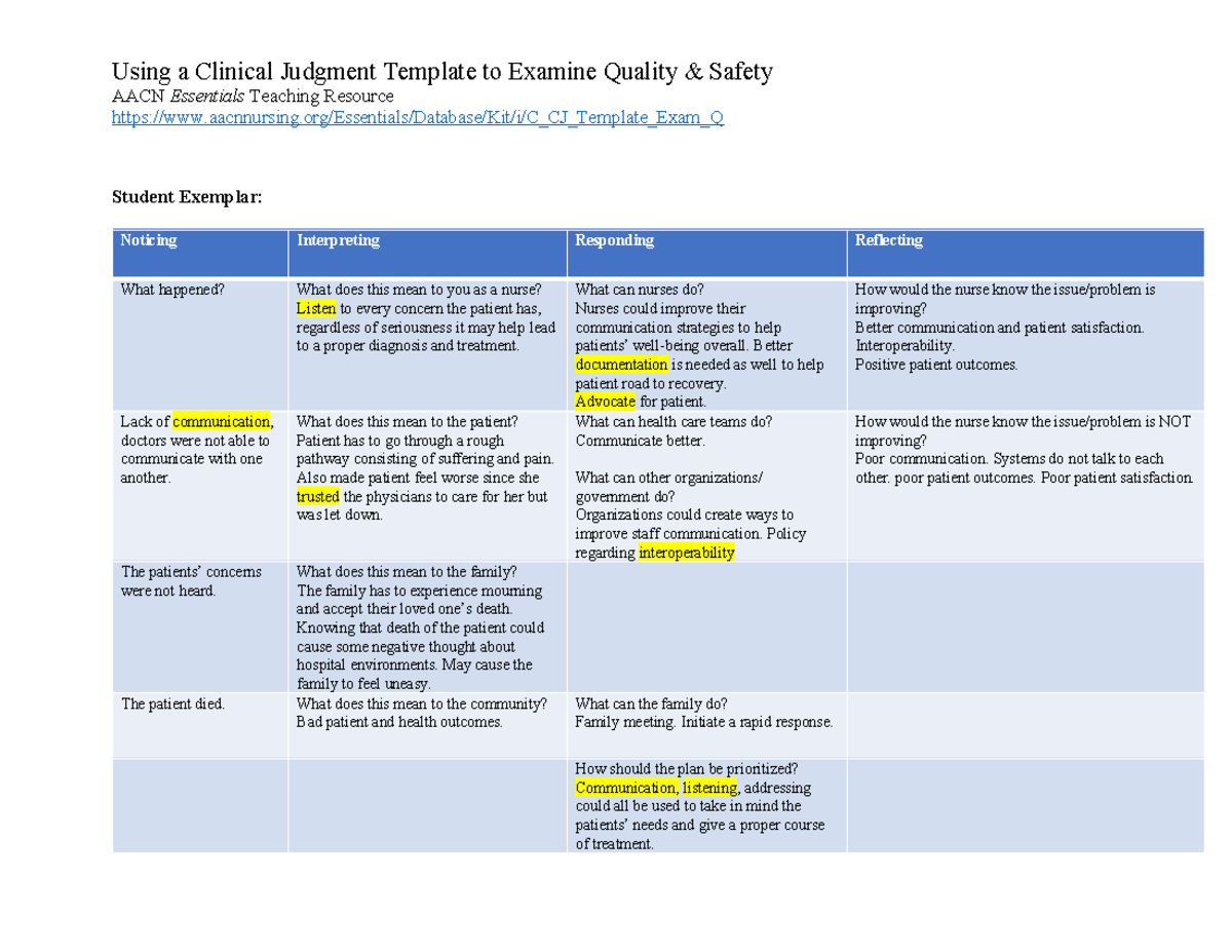 C CJ Template Exemplar-Grading - Using a Clinical Judgment Template to ...