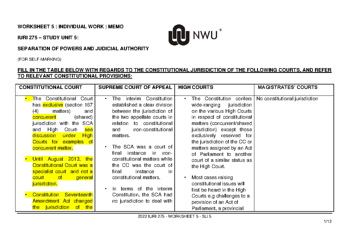 Worksheet 5 - SU5 - 2022 MEMO - 2022 IURI 275 - WORKSHEET 5 - SU 5 ...