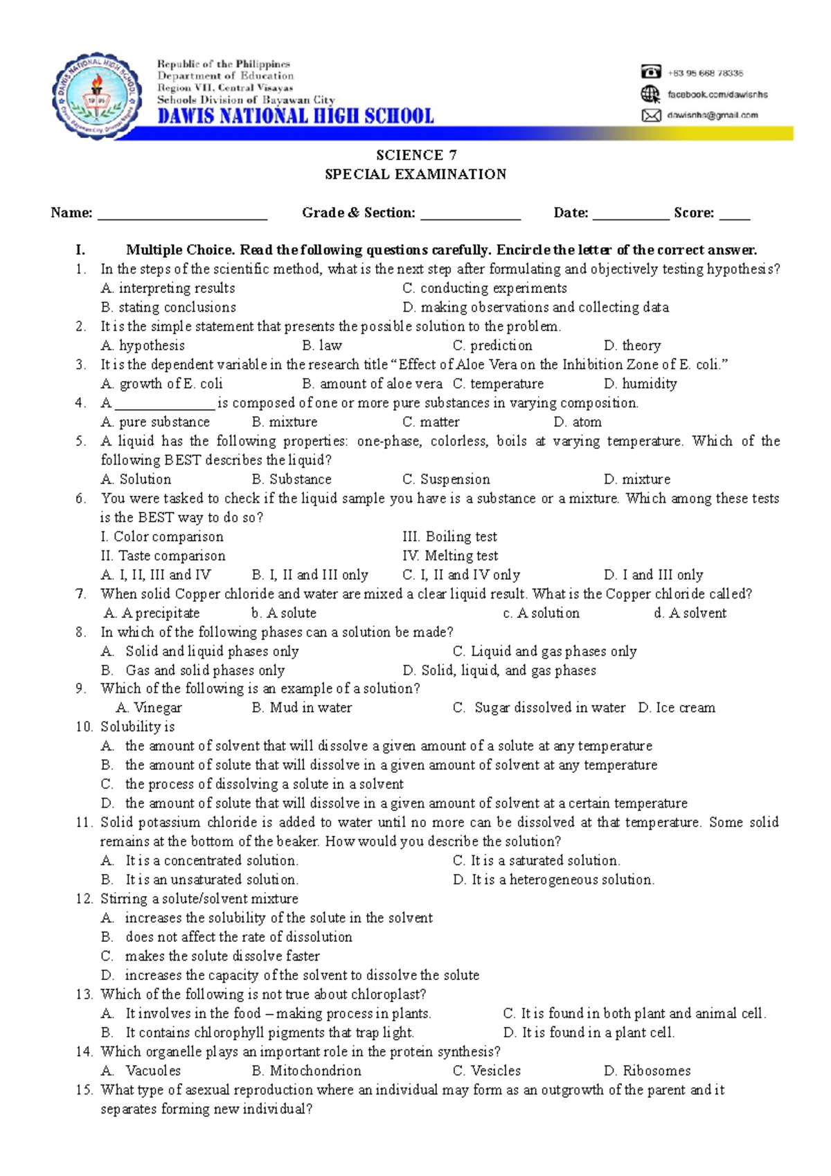 Science 7 special exam - NJNX - SCIENCE 7 SPECIAL EXAMINATION Name