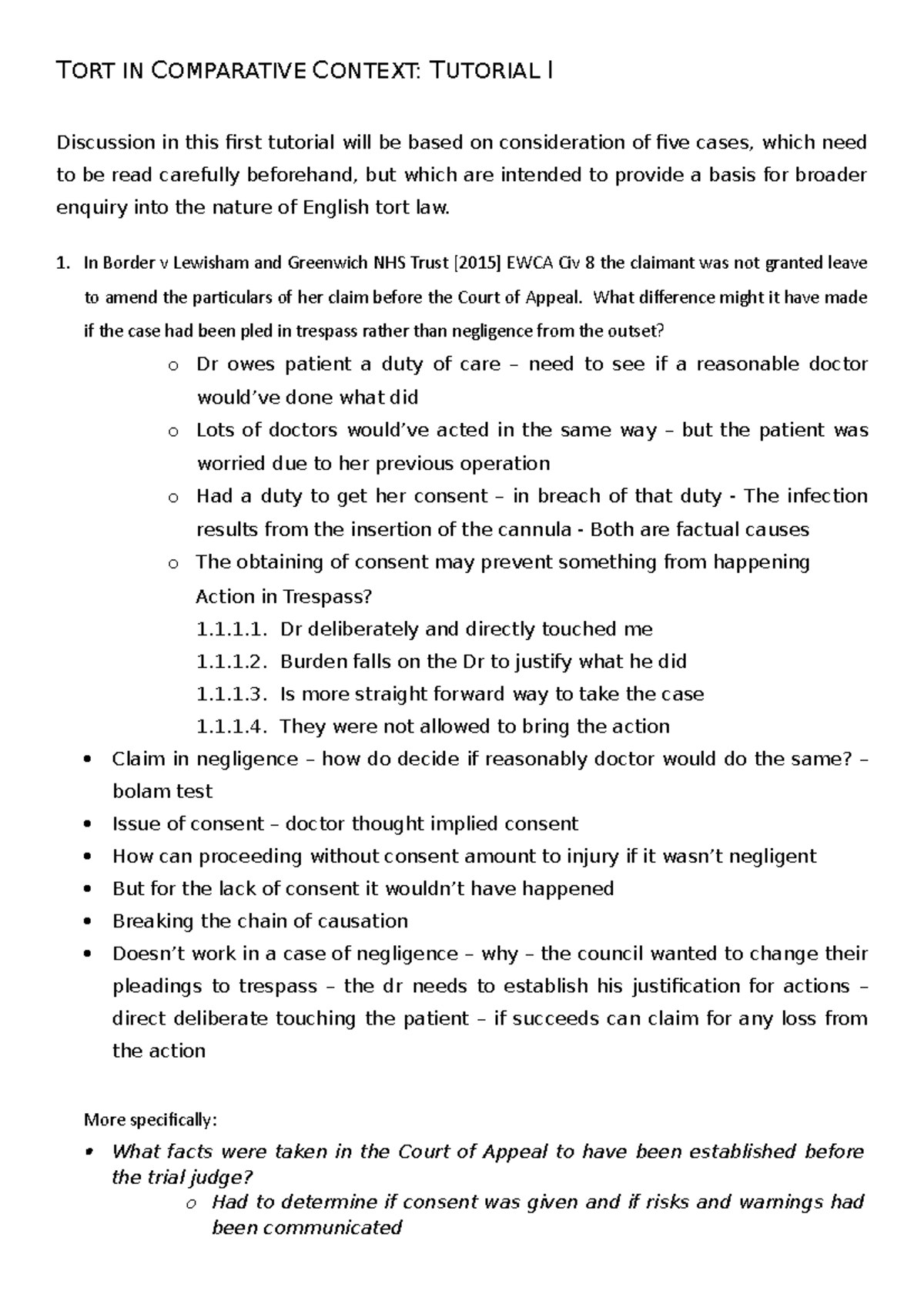 Tutorial 1 TORT - TORT IN COMPARATIVE CONTEXT: TUTORIAL I Discussion in this first tutorial will ...