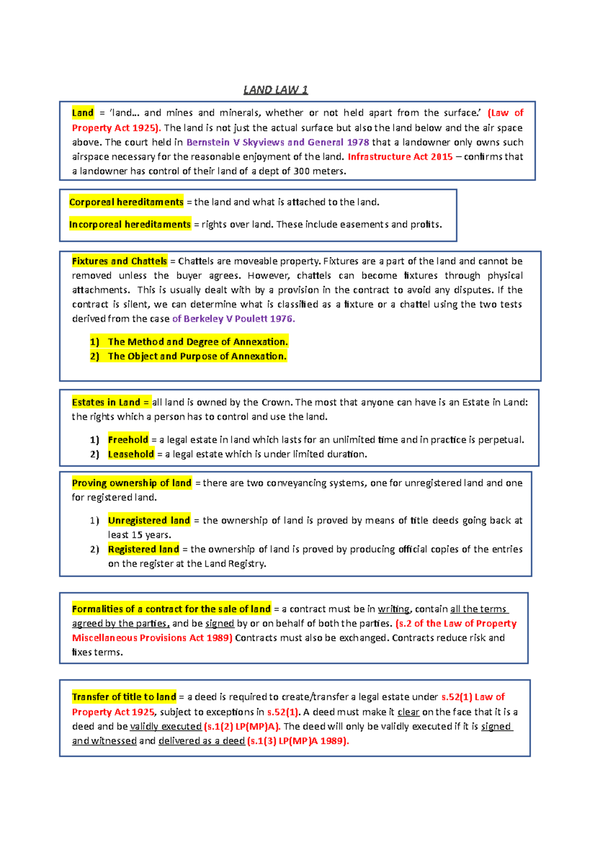 LAND LAW 1 Revision Notes - LAND LAW 1 Land = ‘land... and mines and ...