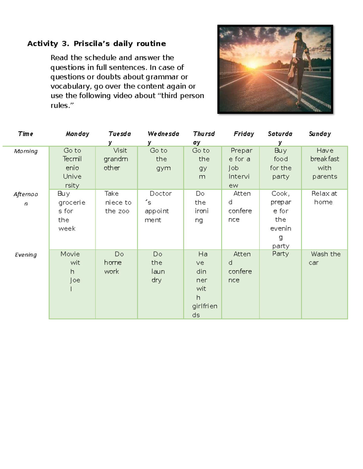 Activity 3 - Ingles 1 - Ejercicios - Activity 3. Priscila’s daily ...