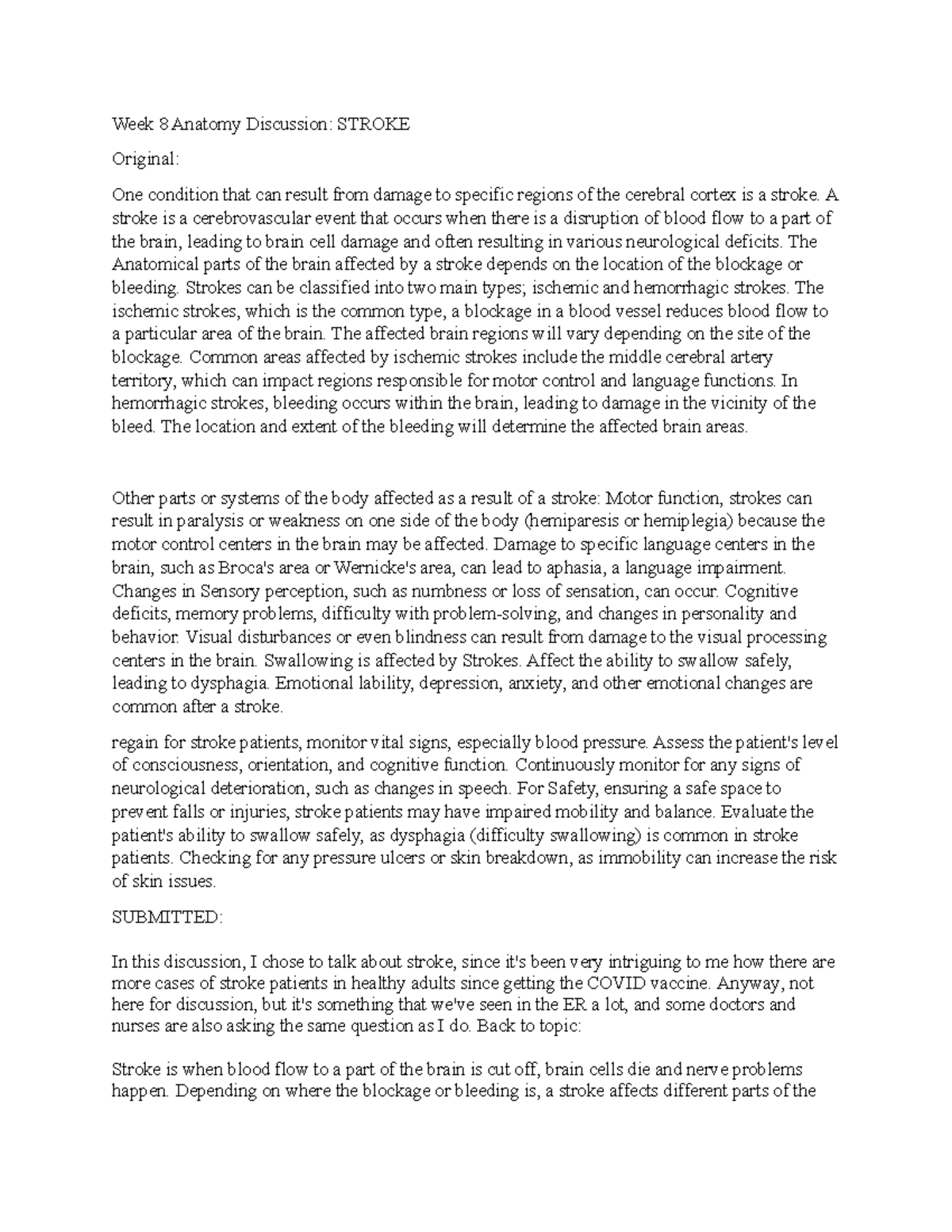 Anatomy Week 8 Discussion Stroke - Week 8 Anatomy Discussion: STROKE ...