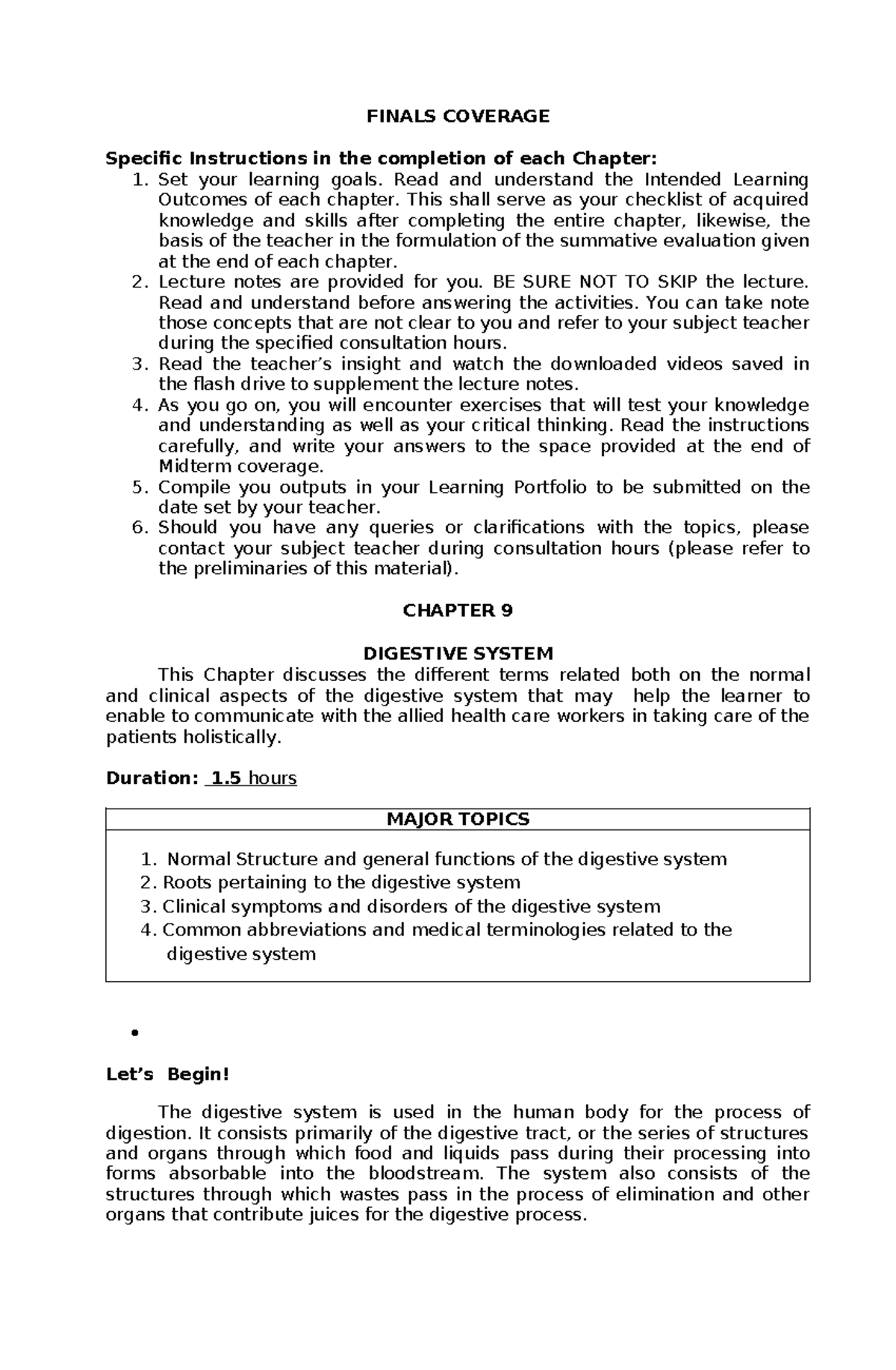 Medical-Glossary-Finals - FINALS COVERAGE Specific Instructions in the completion of each ...