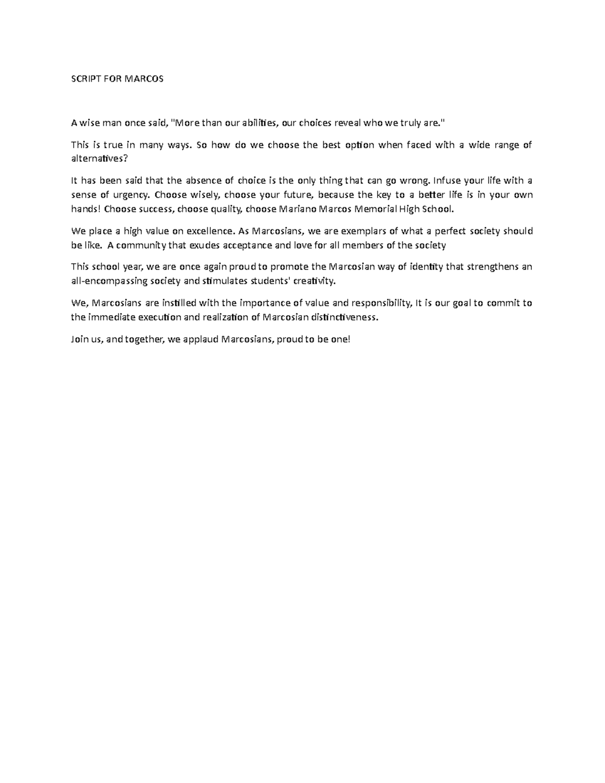 Script FOR Marcos - intro school - SCRIPT FOR MARCOS A wise man once ...