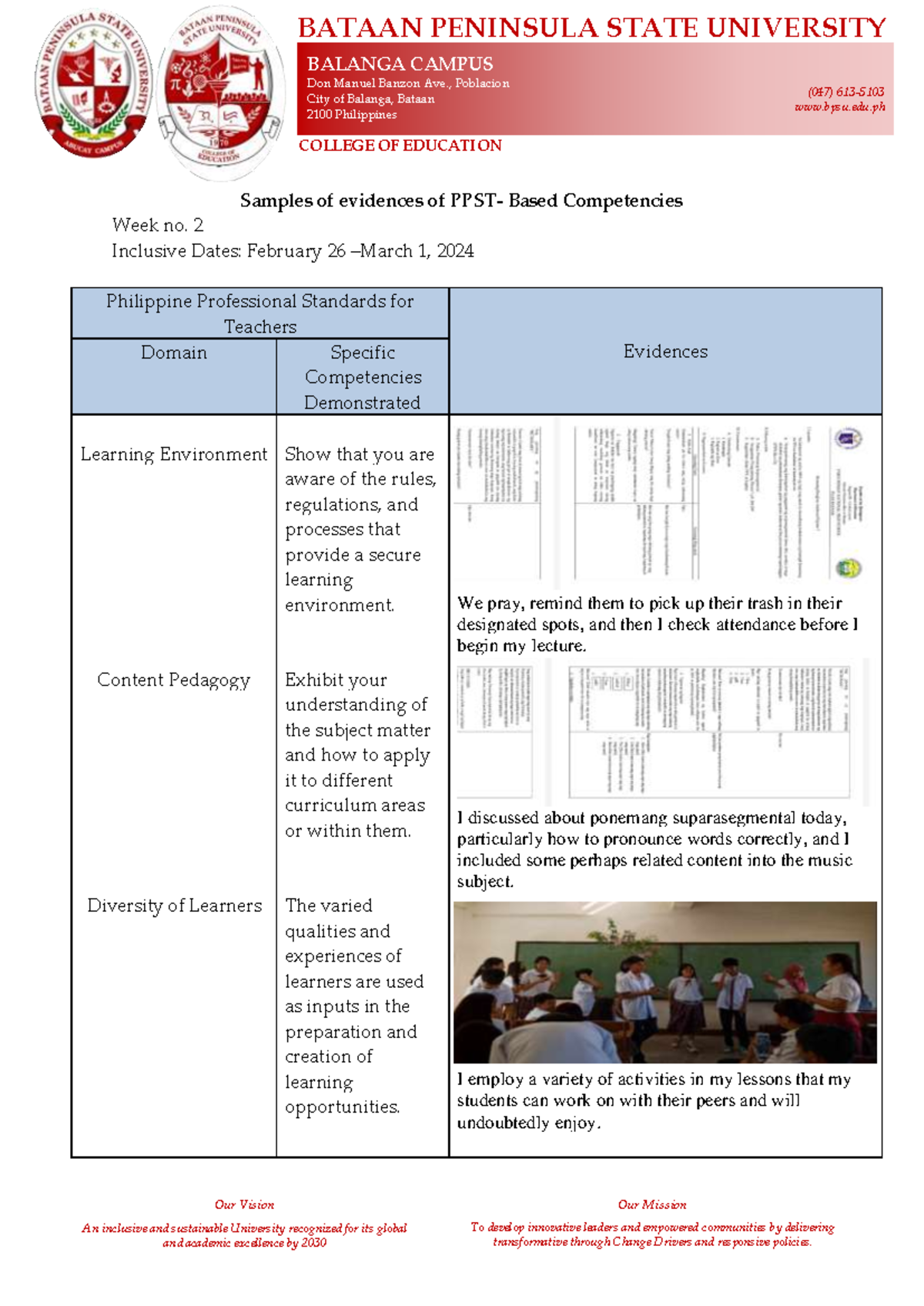 Samples of evidences of PPST Week 2 - COLLEGE OF EDUCATION Don Manuel ...