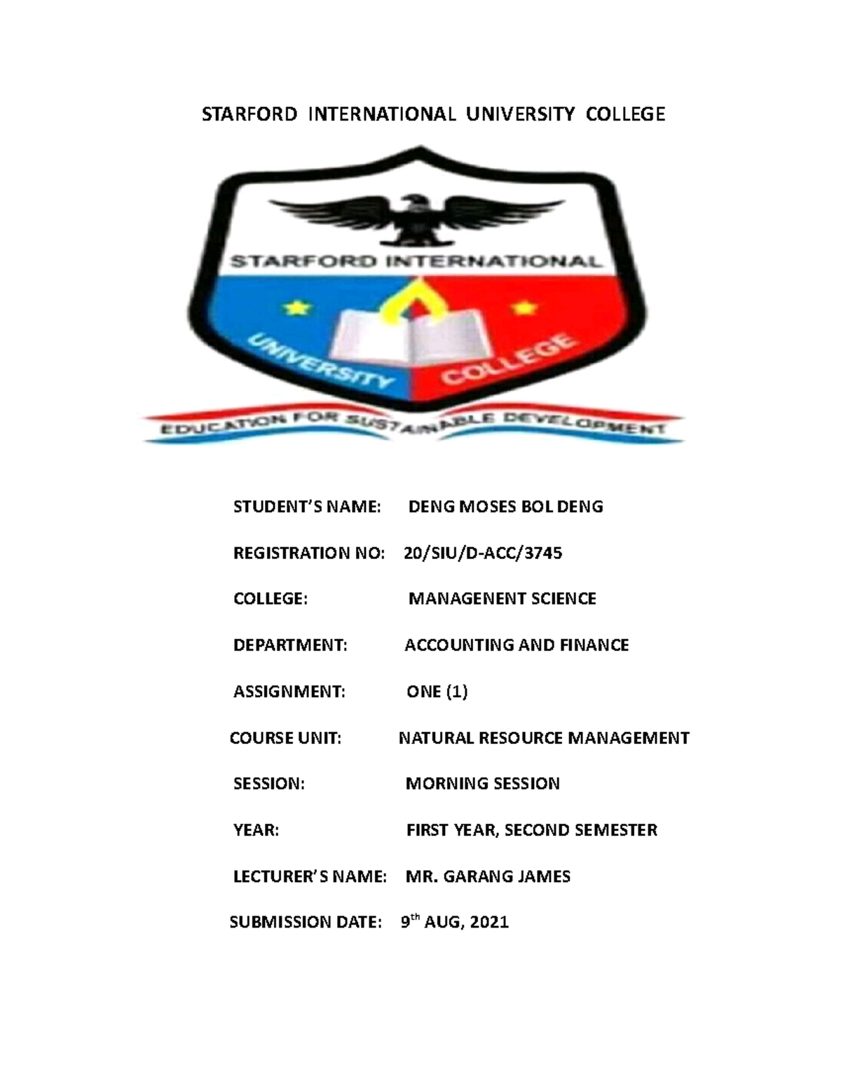 Natural Resource Management - STARFORD INTERNATIONAL UNIVERSITY COLLEGE ...