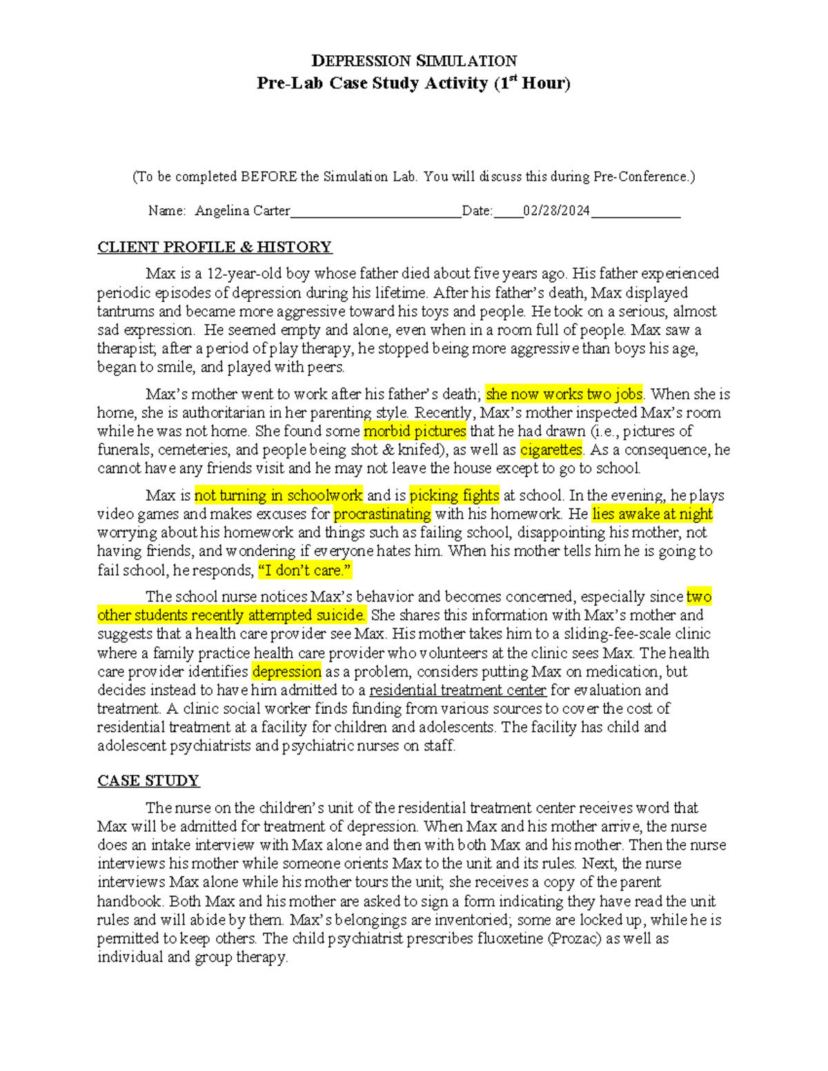 Depression SImulation Pre-Lab - Pre-Lab Case Study Activity (1st Hour ...