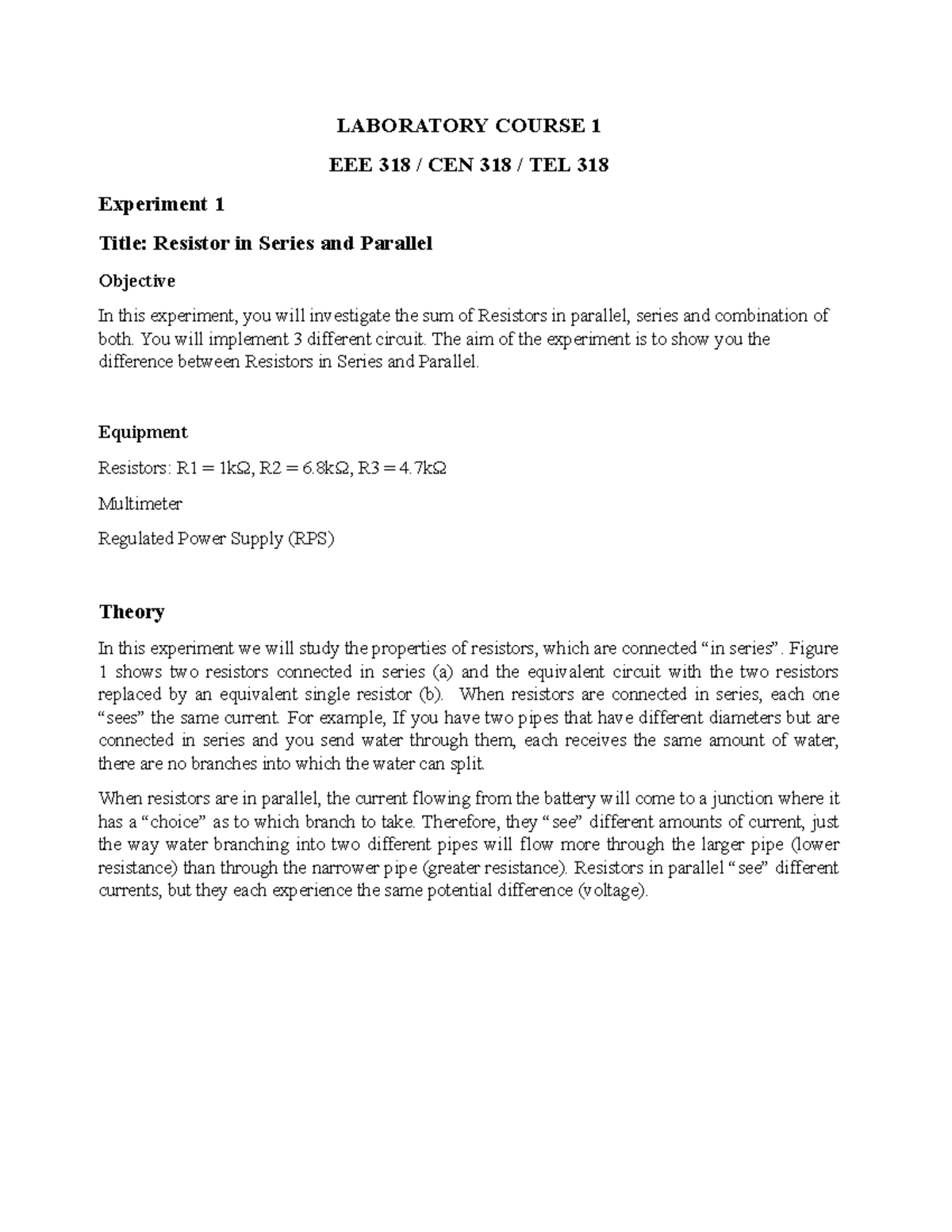 Experiment 1 T - LABORATORY COURSE 1 EEE 318 / CEN 318 / TEL 318 ...