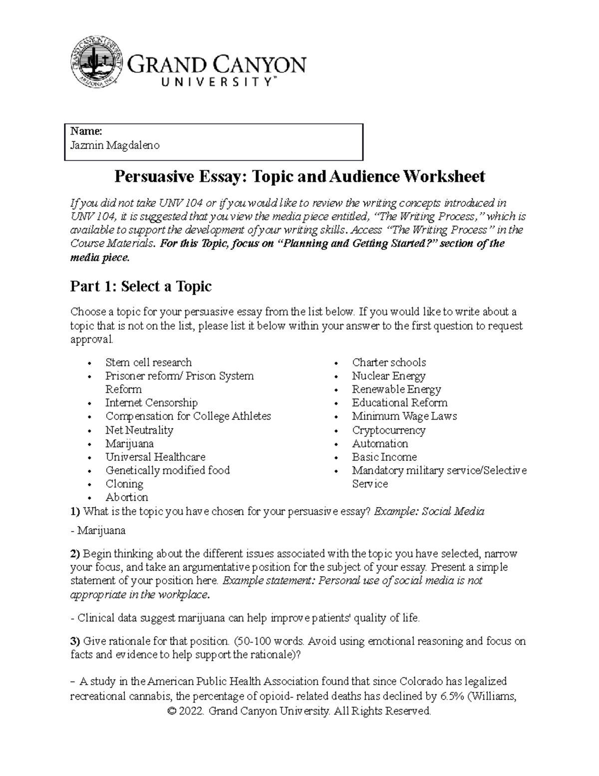 PHI-105 Persuasive Essay Planning Topic and Audience Worksheet ...