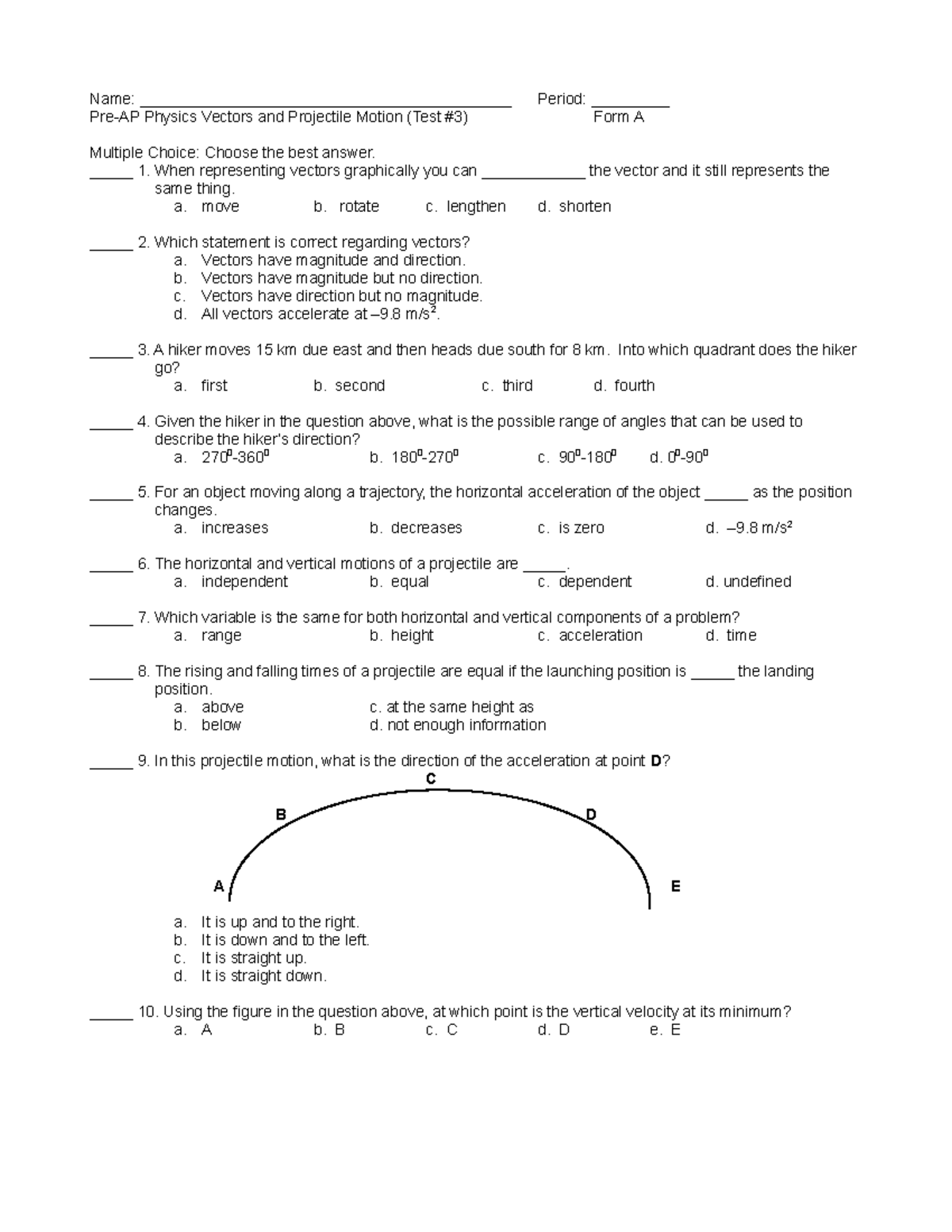 PAP Vectors and Projectiles Test A - Name ...