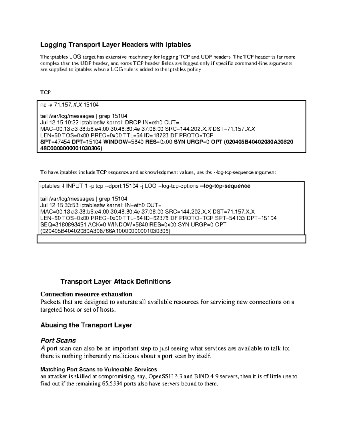 Chapter-3-notes - Logging Transport Layer Headers with iptables The ...