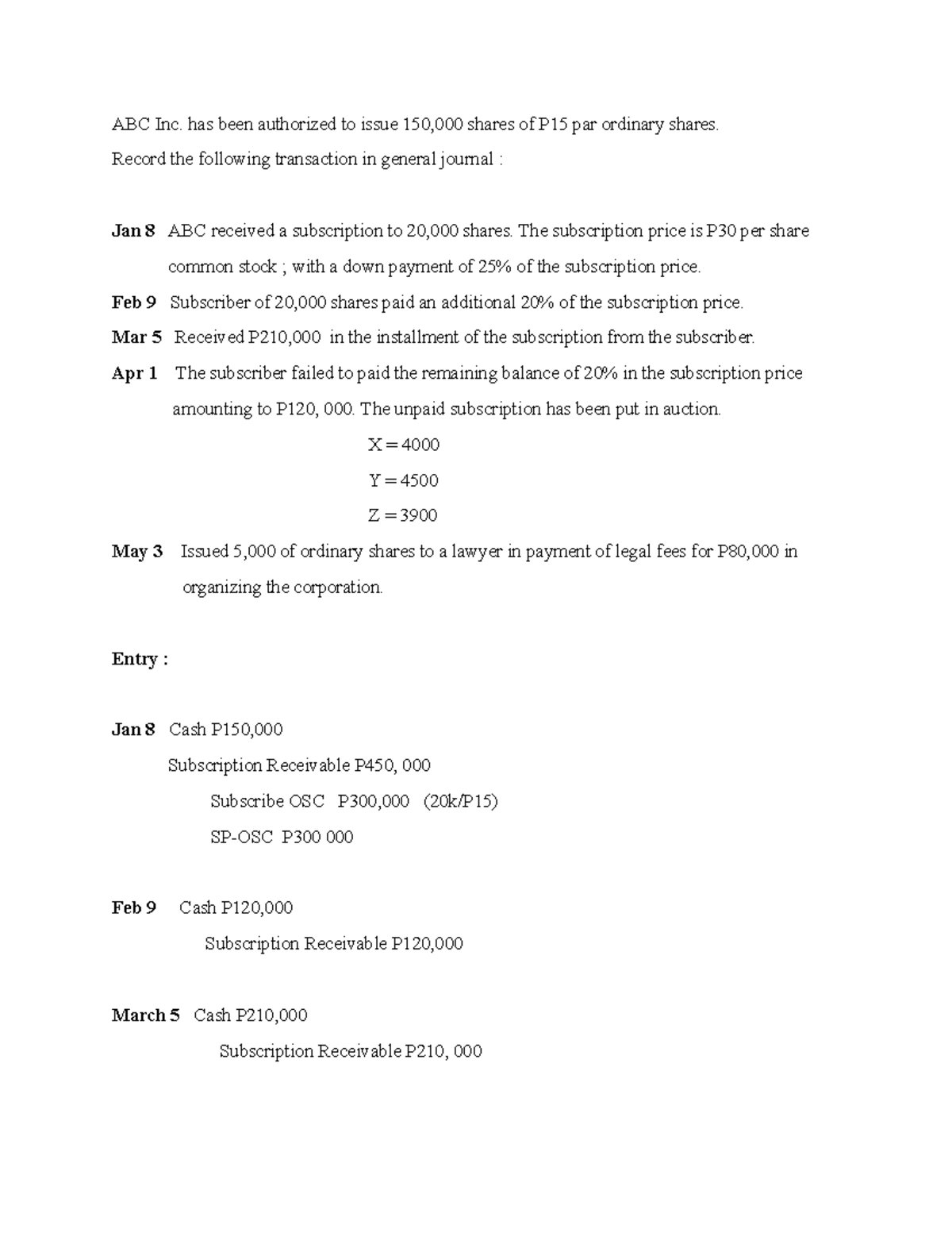 Subscription-1 - Subscription - ABC Inc. has been authorized to issue 150,000 shares of P15 par ...