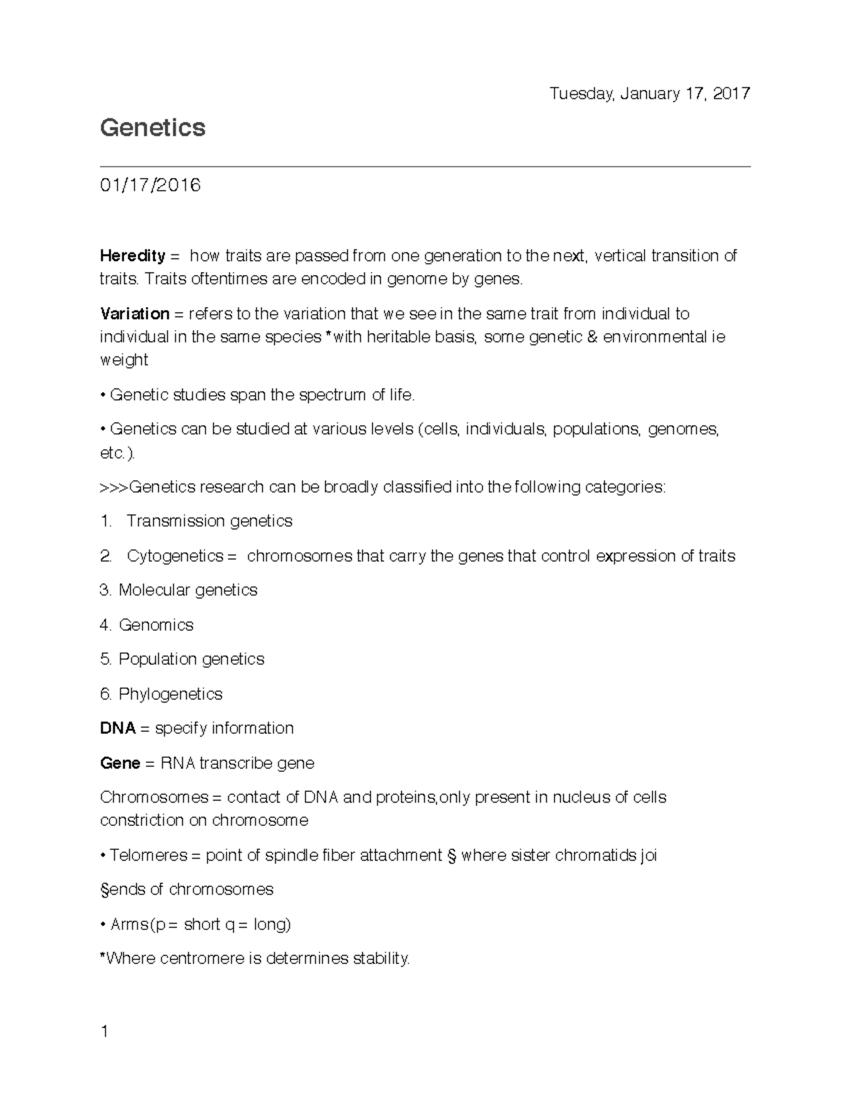 Genetics Lecture Notes - Tuesday, January 17, 2017 Genetics Heredity ...