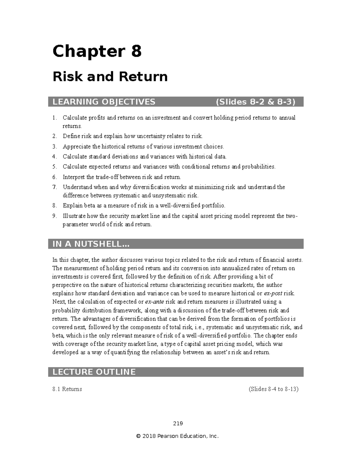 Ch 8 Finance practice - Chapter 8 Risk and Return LEARNING OBJECTIVES (Slides 8-2 & 8-3) 1 ...
