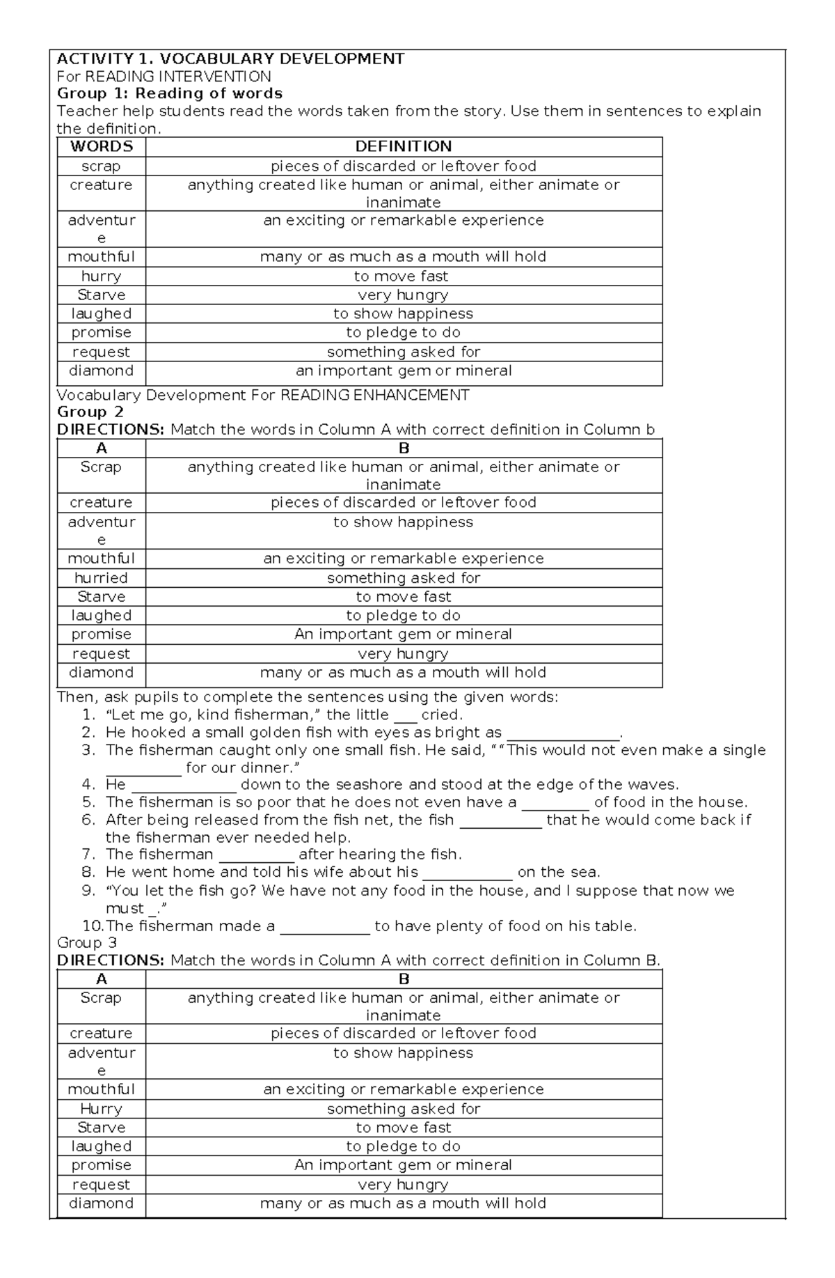 Activity 1 Catch up - ACTIVITY 1. VOCABULARY DEVELOPMENT For READING ...
