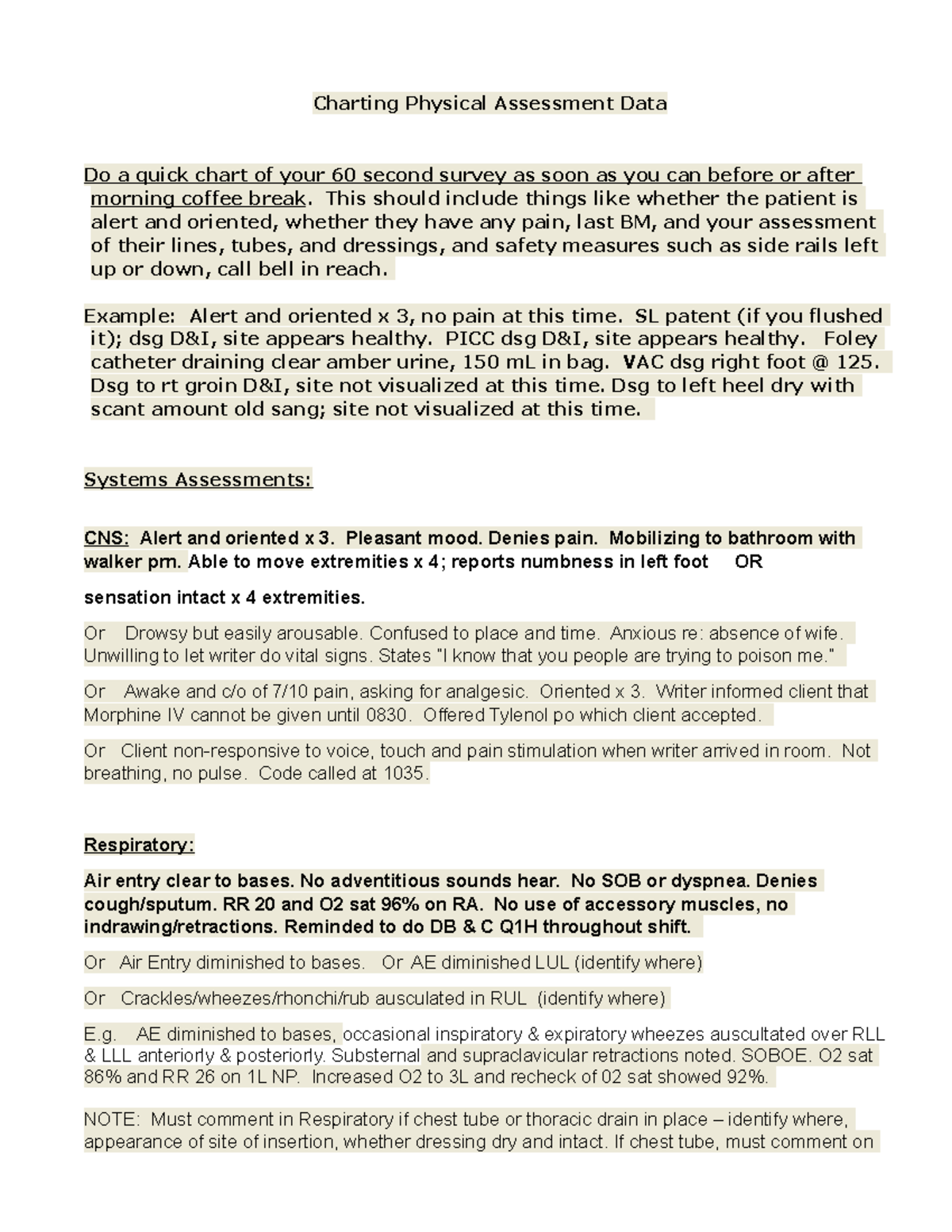 Charting Physical Assessment Data - This should include things like ...