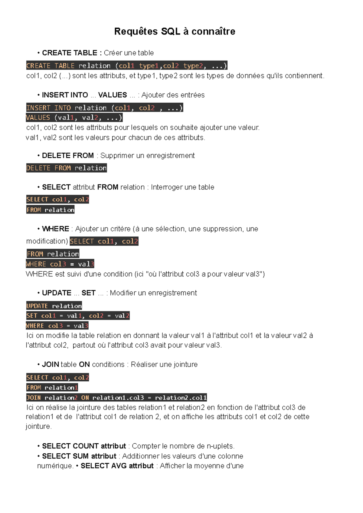 SQL - Fiche de cours - SQL - Requêtes SQL à connaître • CREATE TABLE ...