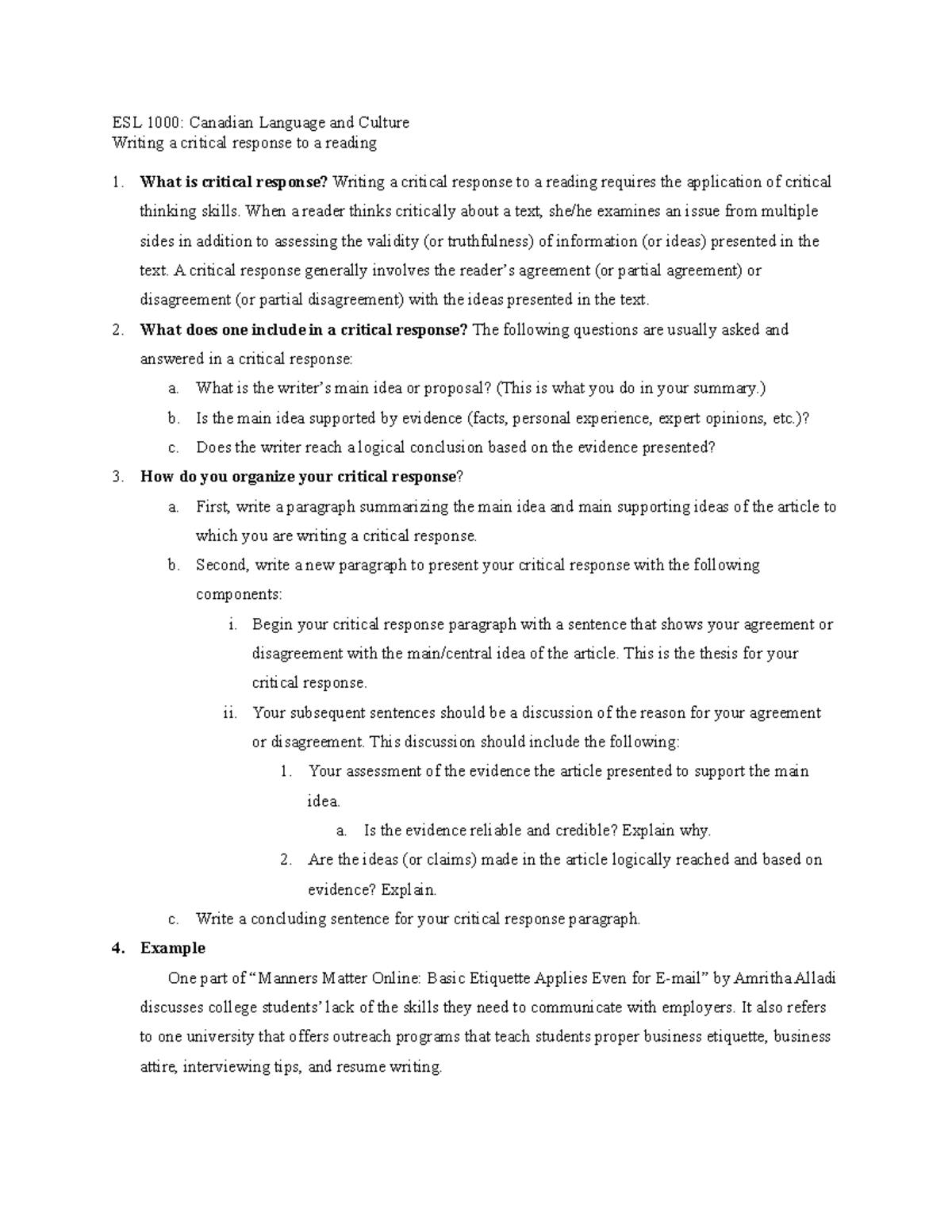 Writing Critical Response - ESL 1000: Canadian Language and Culture ...