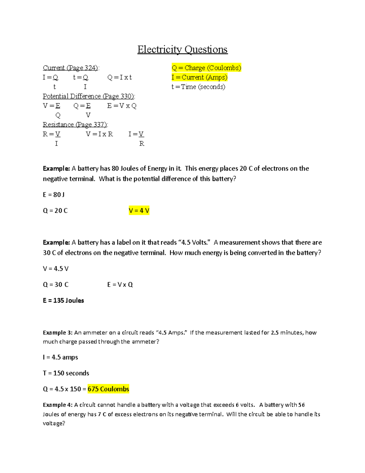 Lesson 4 - Electricity Questions - Electricity Questions Current (Page ...