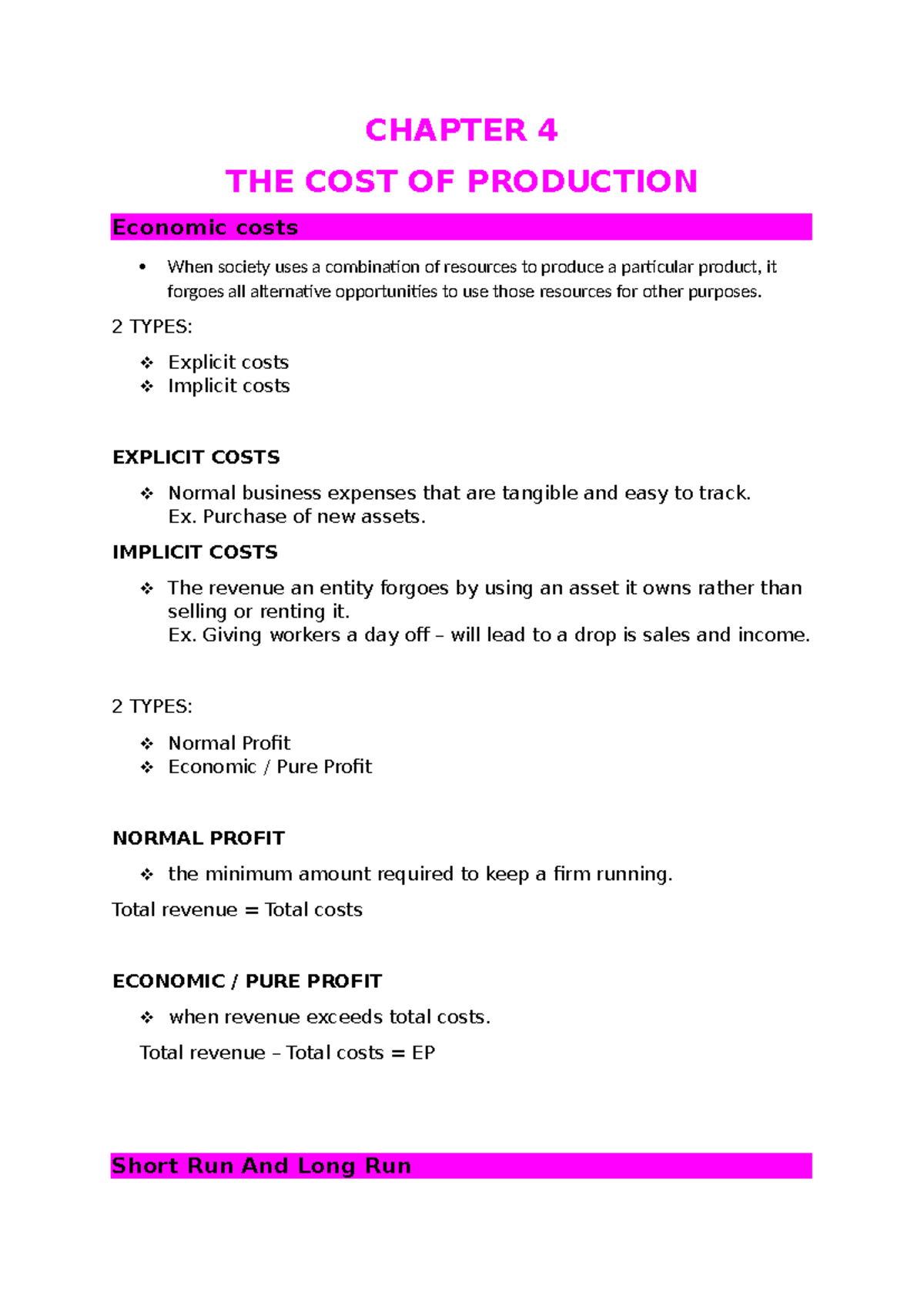 EKN Ch 4-7 - Summary Economics - CHAPTER 4 THE COST OF PRODUCTION ...