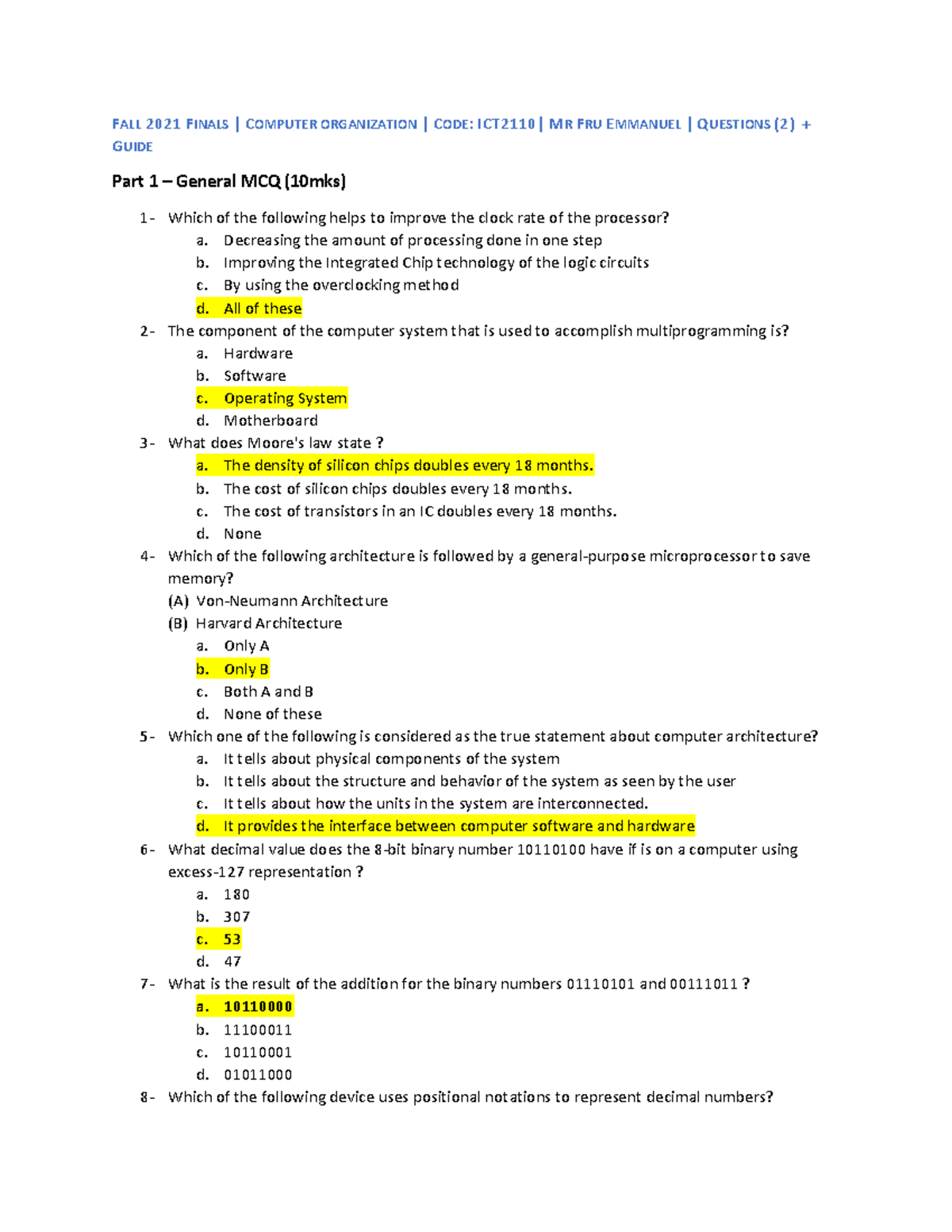 Computer Organization 2nd Setting + Marking Guide - FALL 2021 FINALS ...