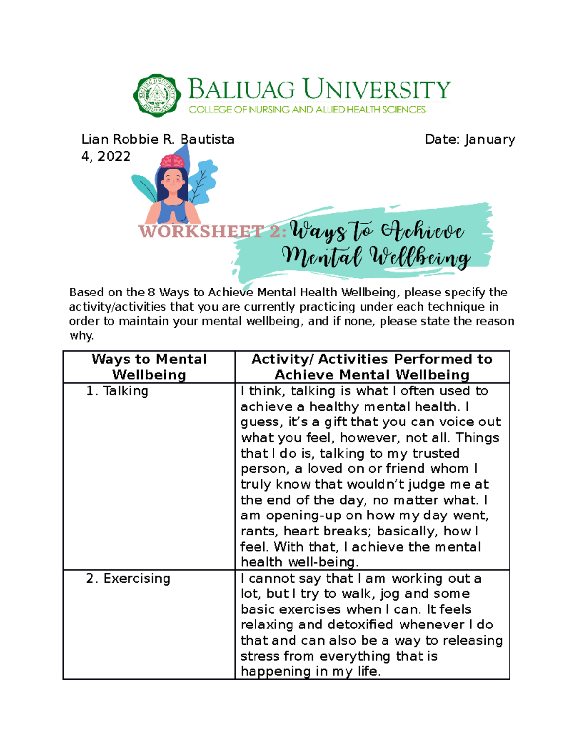 Worksheet 2 Lec-Ways to Achieve Mental Health Wellbeing Bautista, Lian ...