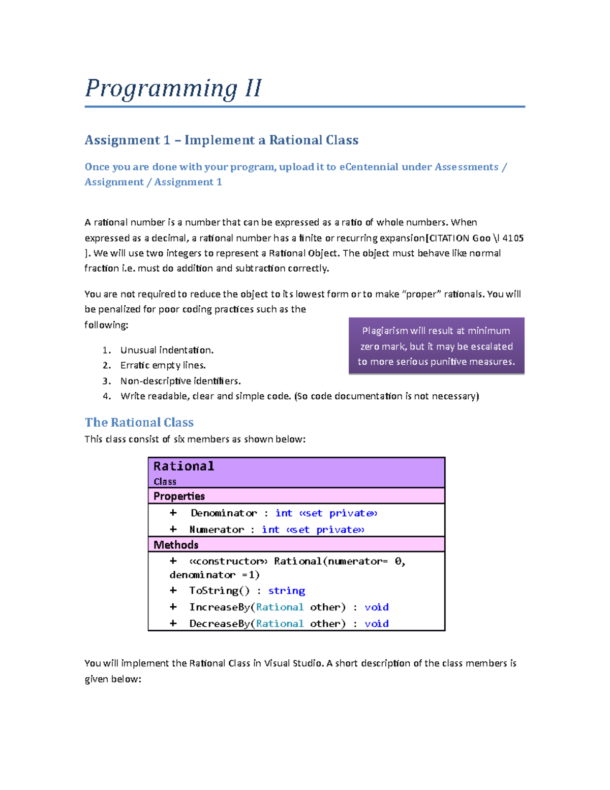 Assignment 01 - Programming II Assignment 1 – Implement a Rational ...