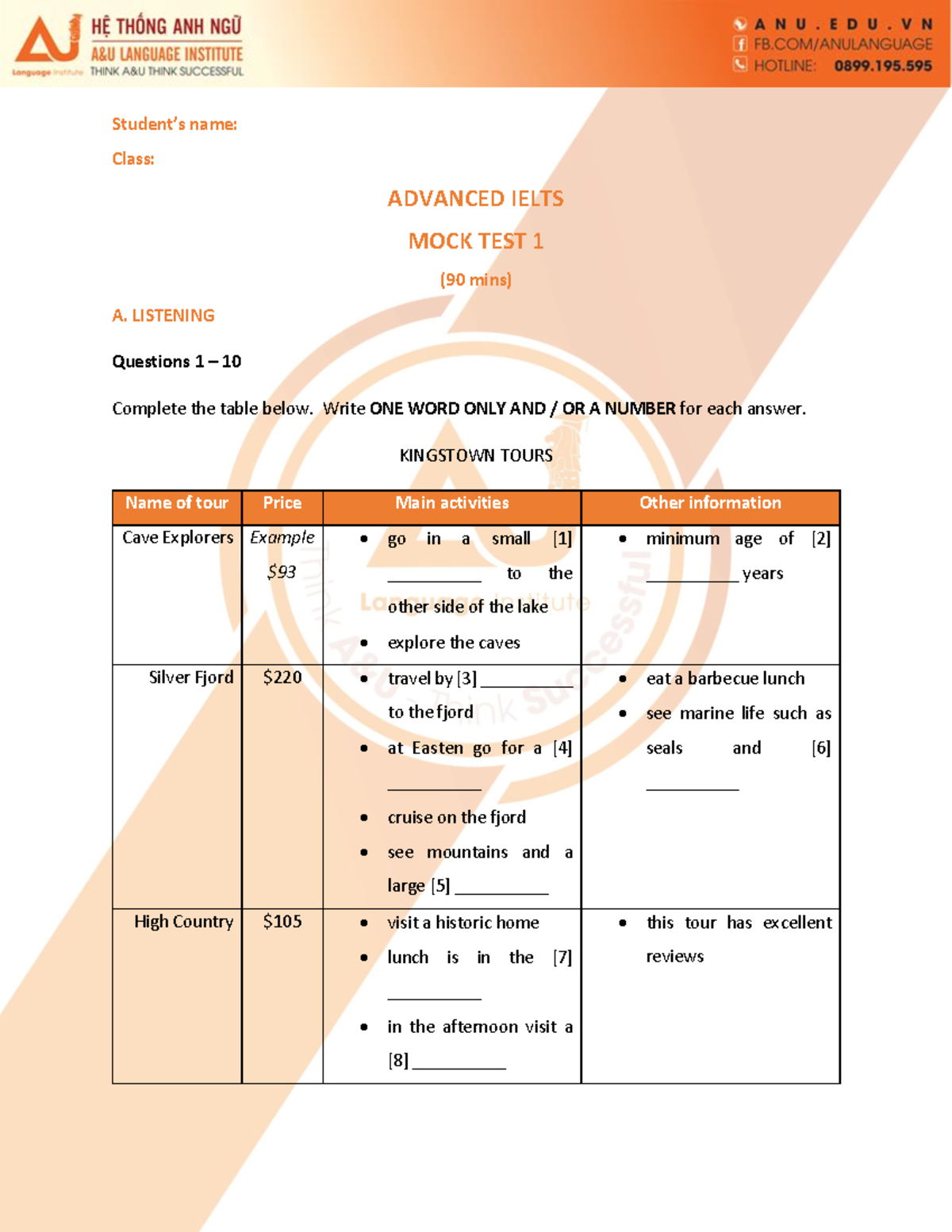 1.1. Advanced Ielts - Mock test 1 - Đề Listening, Reading - Student’s ...