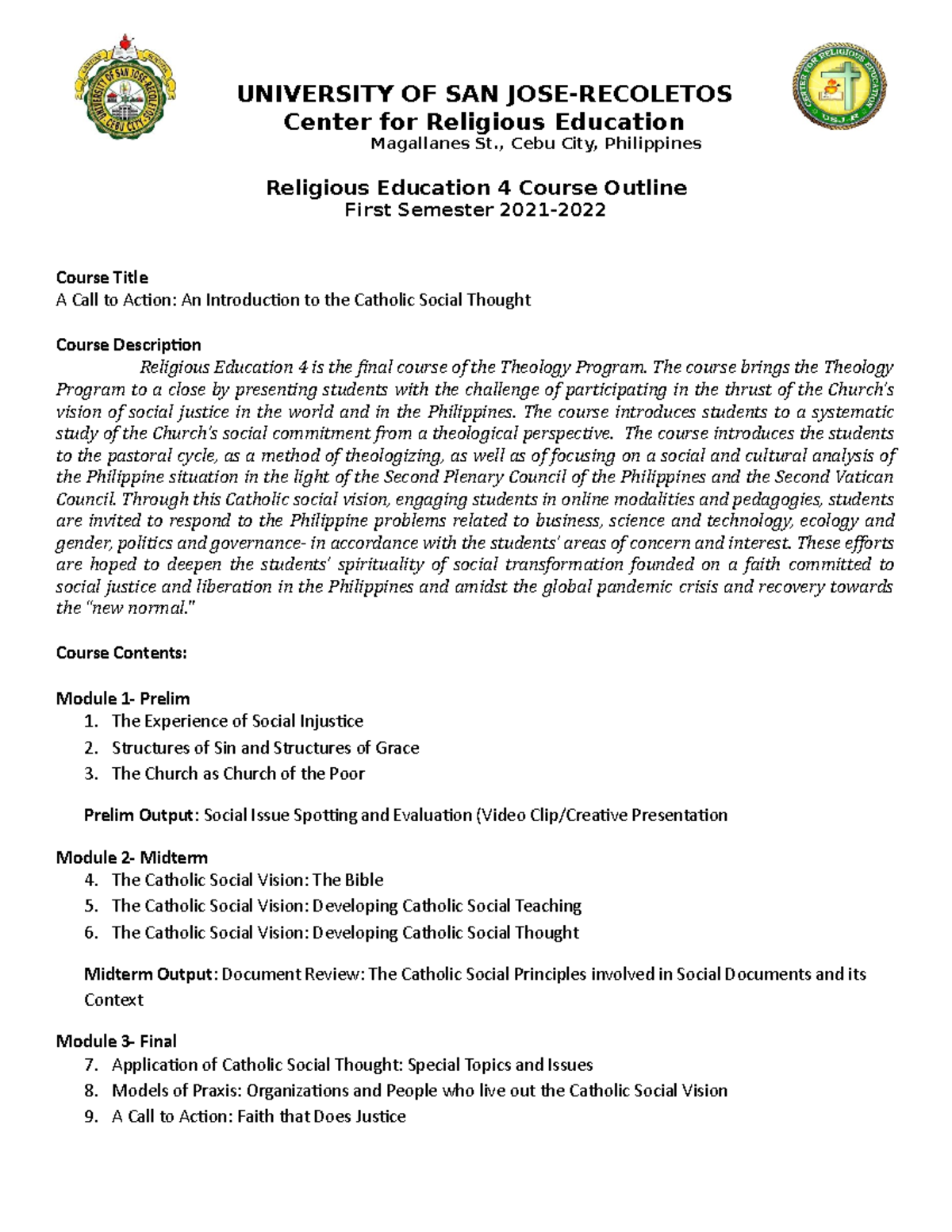 Re Ed 4 course outline - Reed Notes - UNIVERSITY OF SAN JOSE-RECOLETOS ...