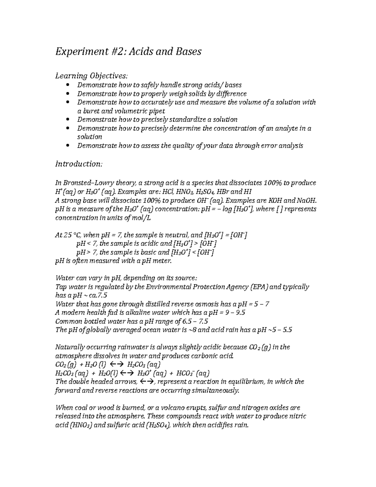 Acids Bases F22 - Experiment #2: Acids and Bases Learning Objectives ...