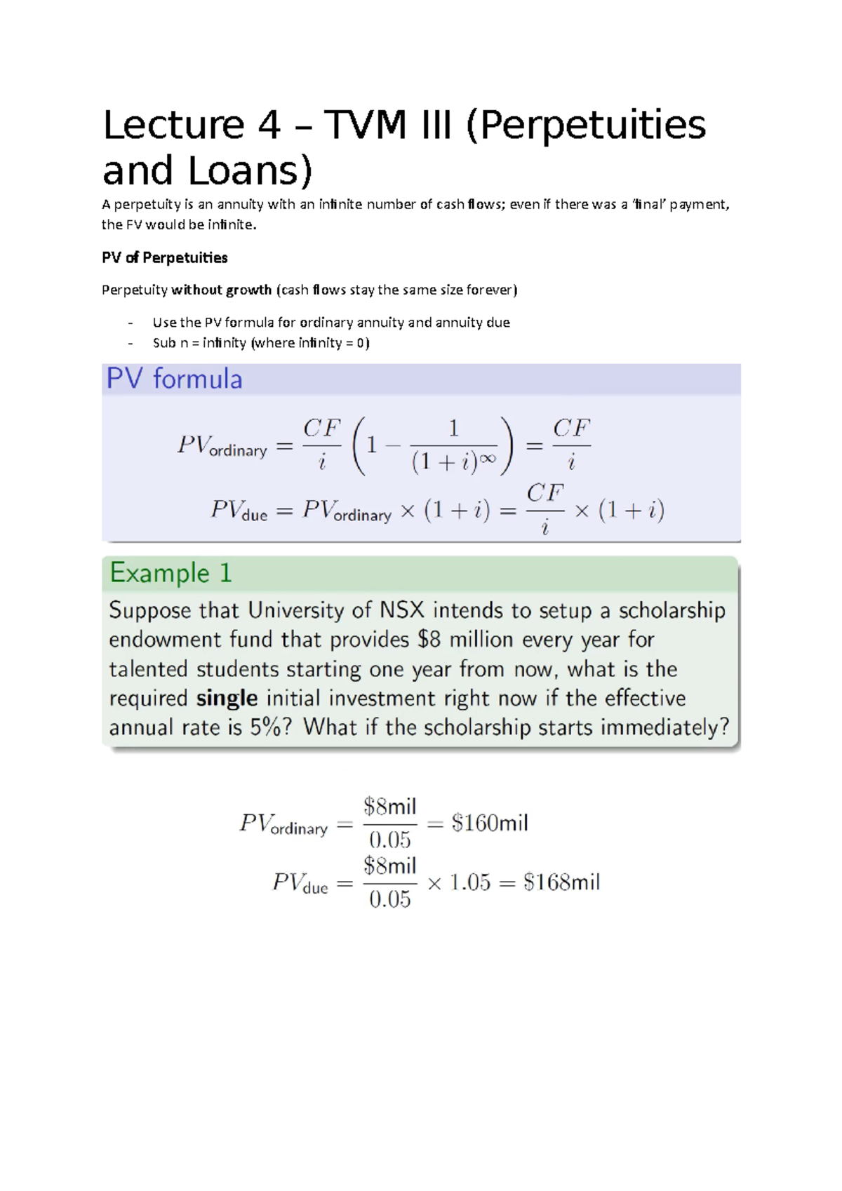 Lecture 4 - Notes - Lecture 4 – TVM III (Perpetuities and Loans) A ...