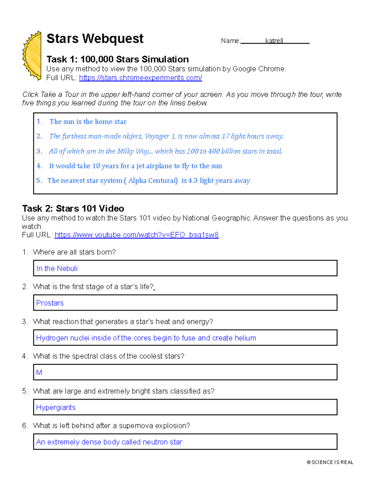 Handout for Stars Webquest - Katrell M - Stars Webquest Name: katrell ...