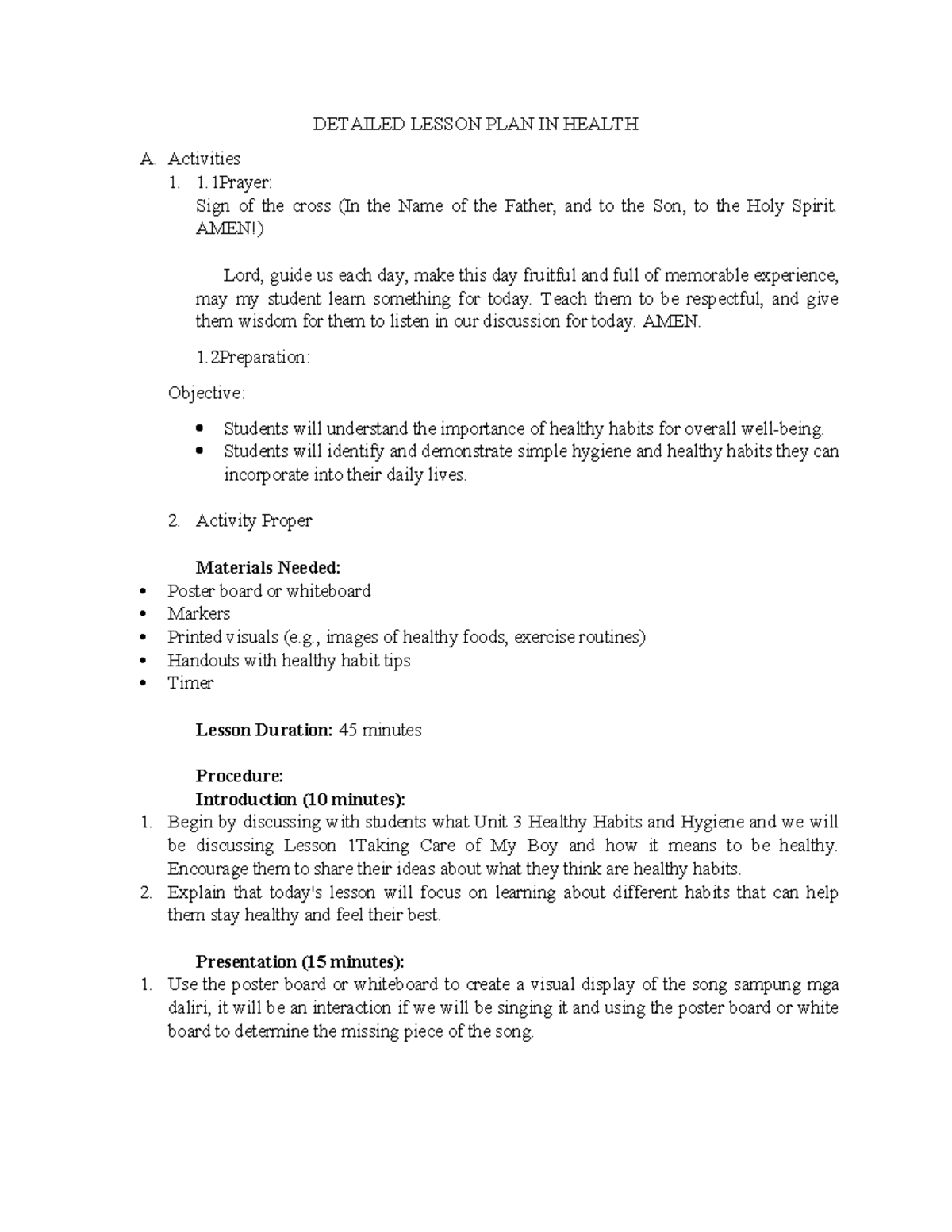 Lesson PLAN Making 4 A'S in Health - DETAILED LESSON PLAN IN HEALTH A ...