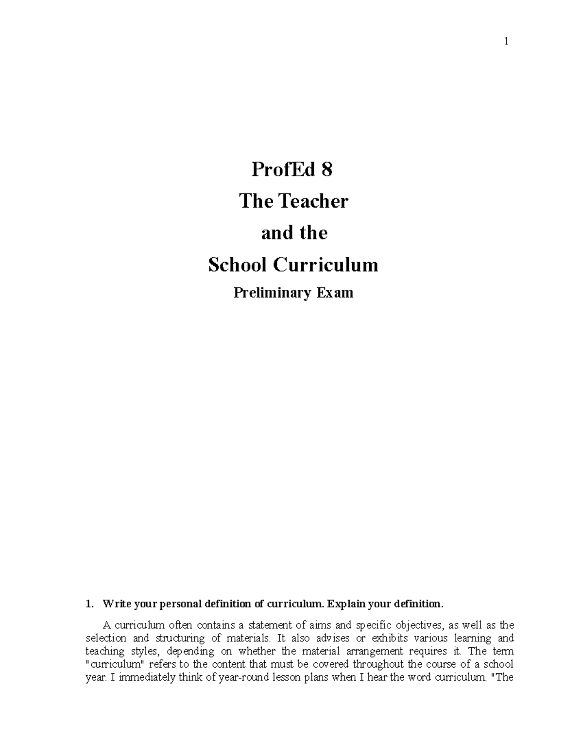 Prof Ed 8 Preliminary ExamProf Ed 8 Preliminary Activities Prof Ed 8 Mid Term Exam Answers for ...