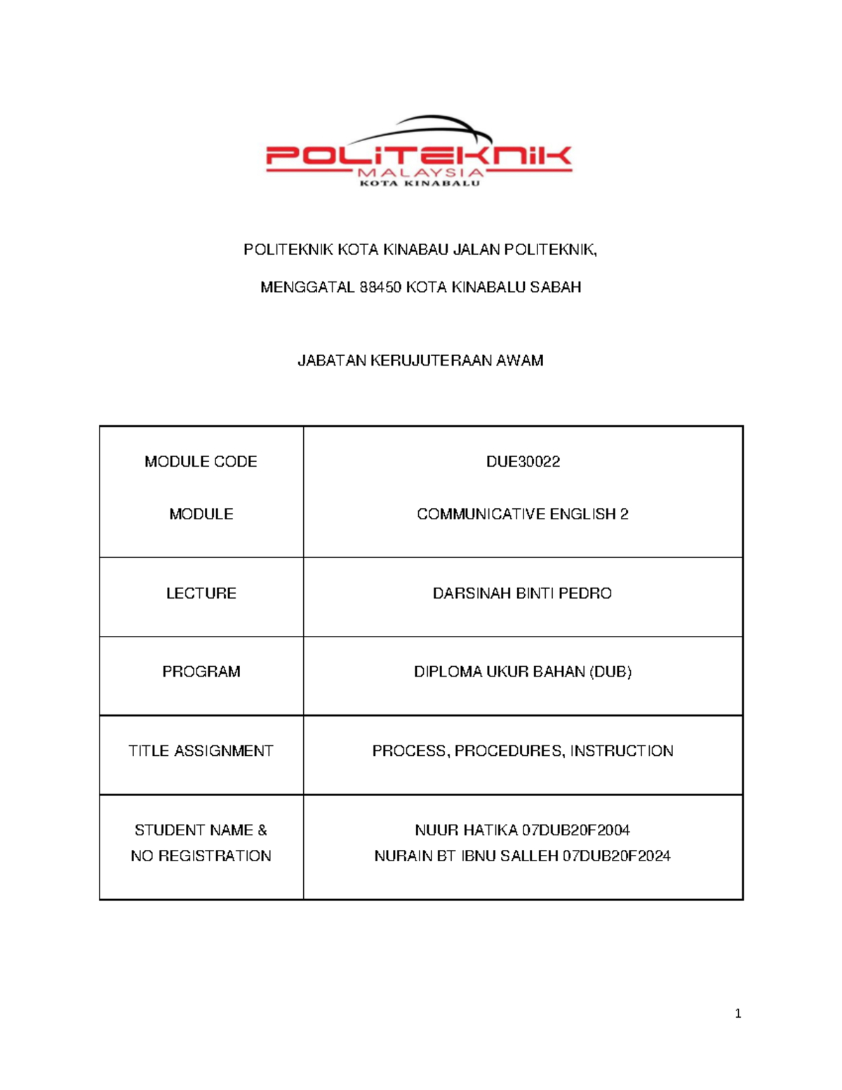 Report Communicative English - POLITEKNIK KOTA KINABAU JALAN POLITEKNIK ...