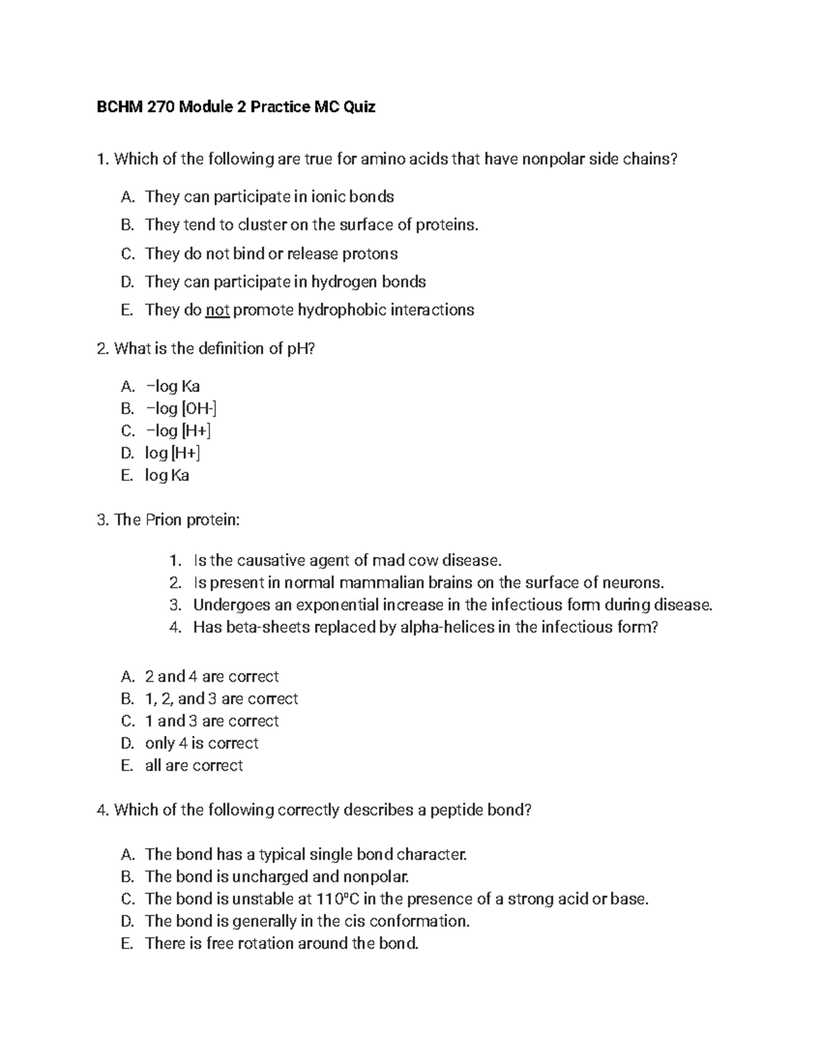 BCHM 270 Module 2 Practice MC Quiz - BCHM 270 Module 2 Practice MC Quiz ...
