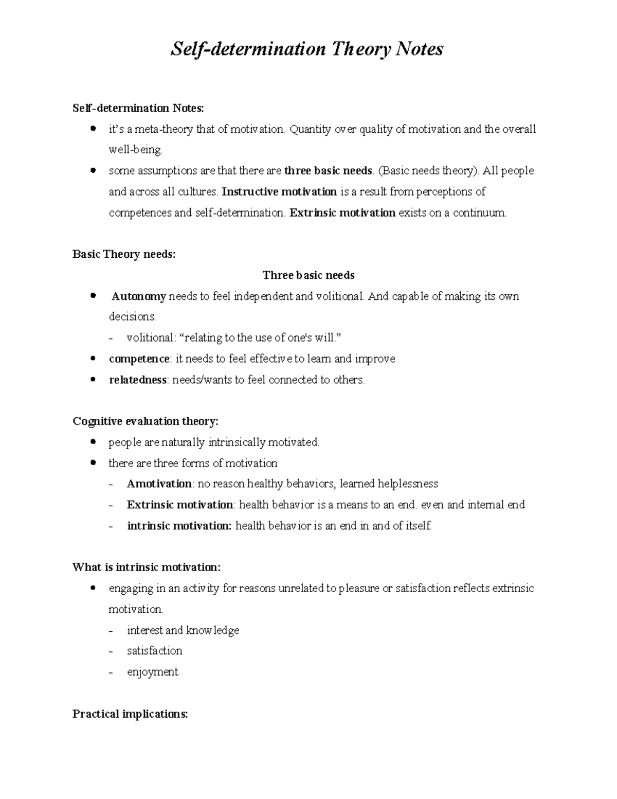 Self-determination Notes - Self-determination Theory Notes Self ...