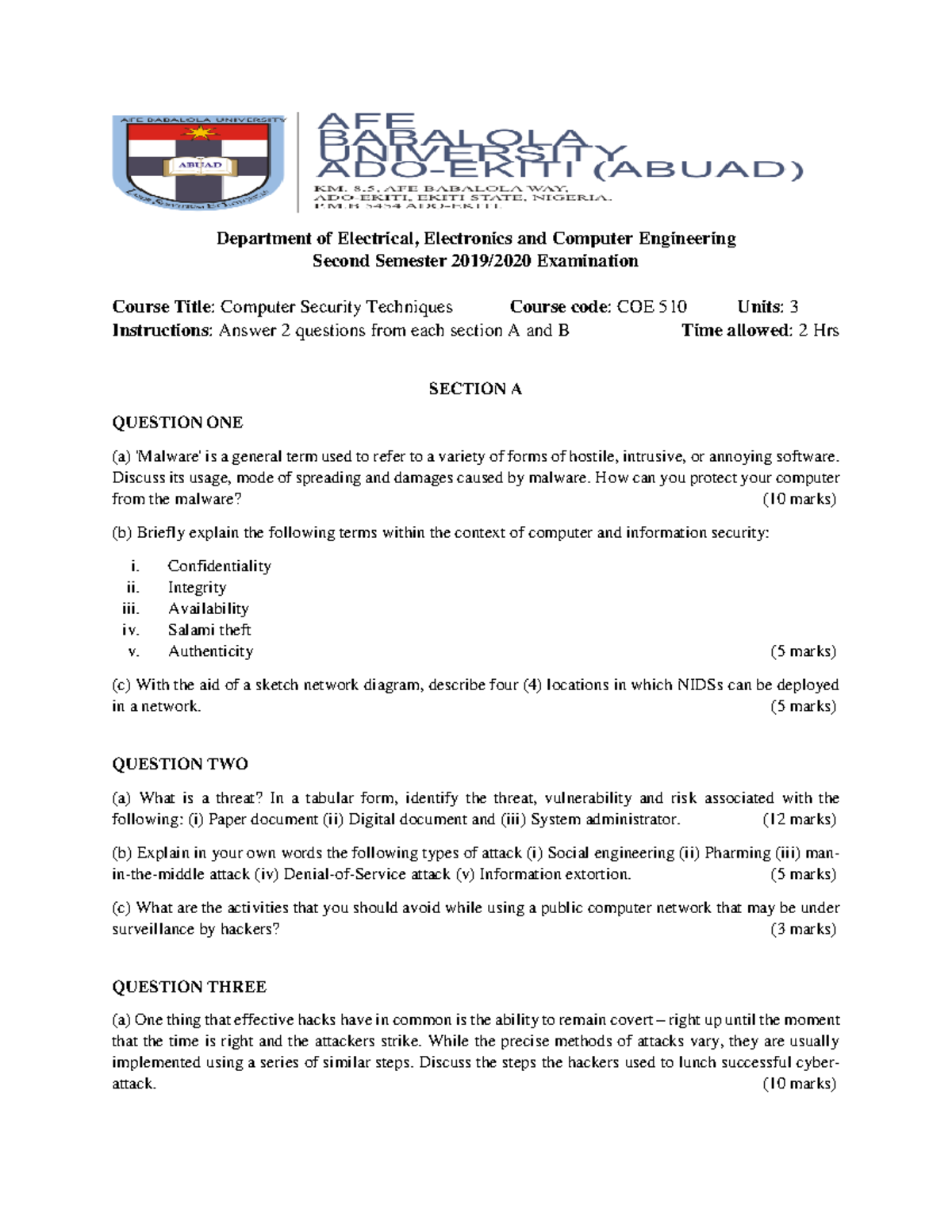 COE 510 Exam - effe - Department of Electrical, Electronics and Computer Engineering Second ...