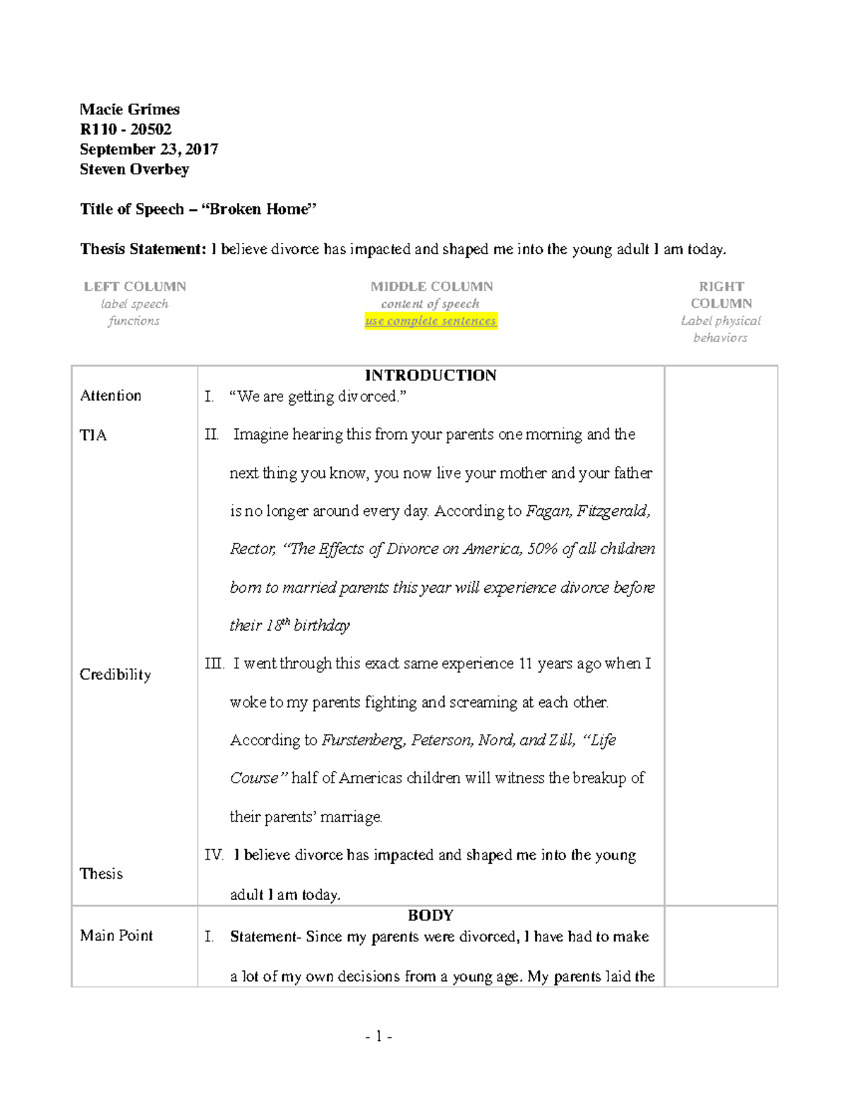 Informative SEEI Speech Outline - Macie Grimes R110 - 20502 September ...