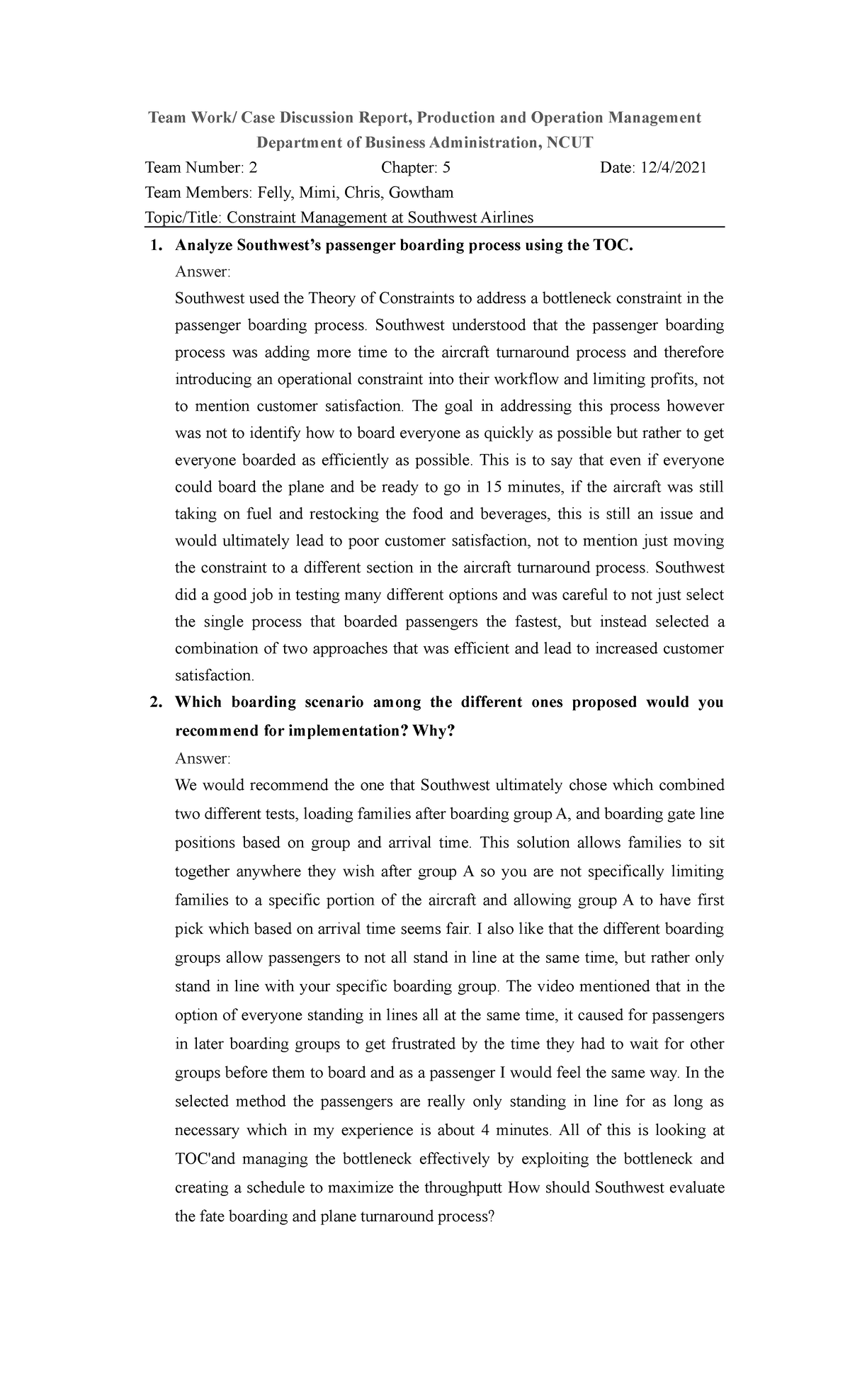 Case 5 Constraint Management at Southwest Airlines - Analyze Southwest ...