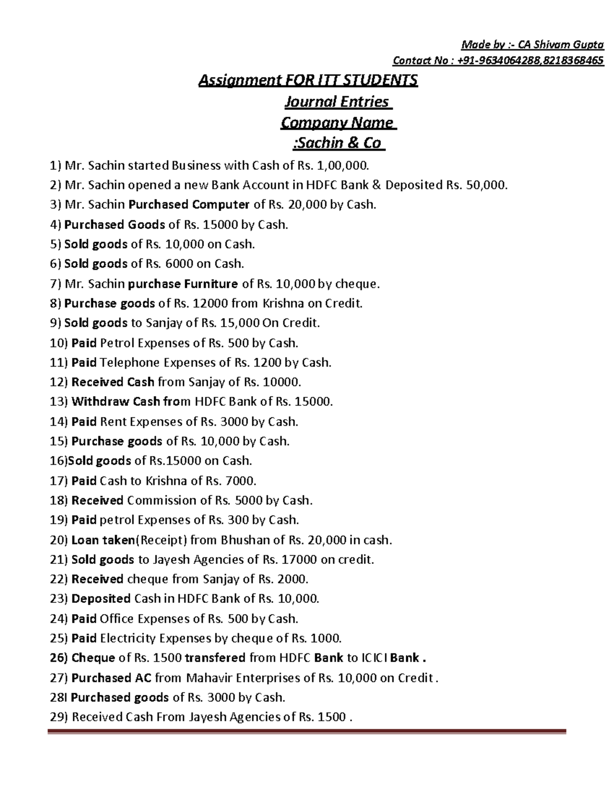 Tally Practice Paper - Made by :- CA Shivam Gupta Contact No : +91 ...