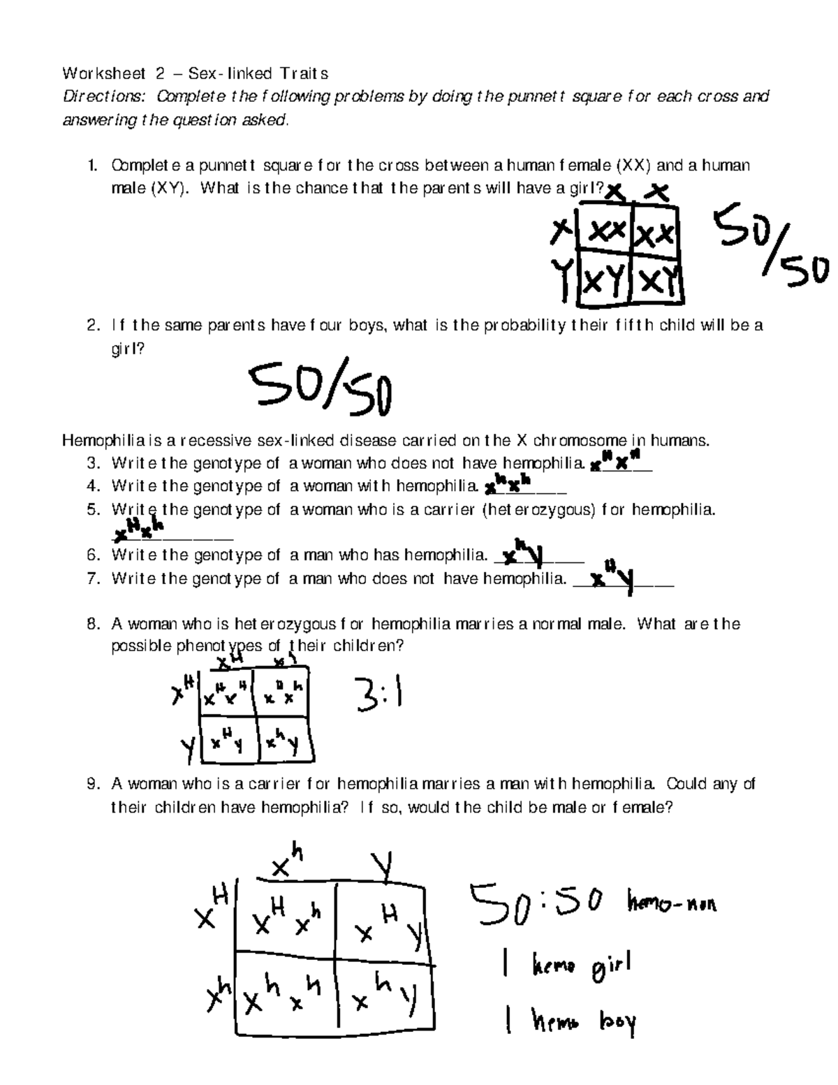 Sex Linked Extra Practice W Or Ksheet 2 Sex Linked Tr Ait S Dir Ect Ions Complet E T He F